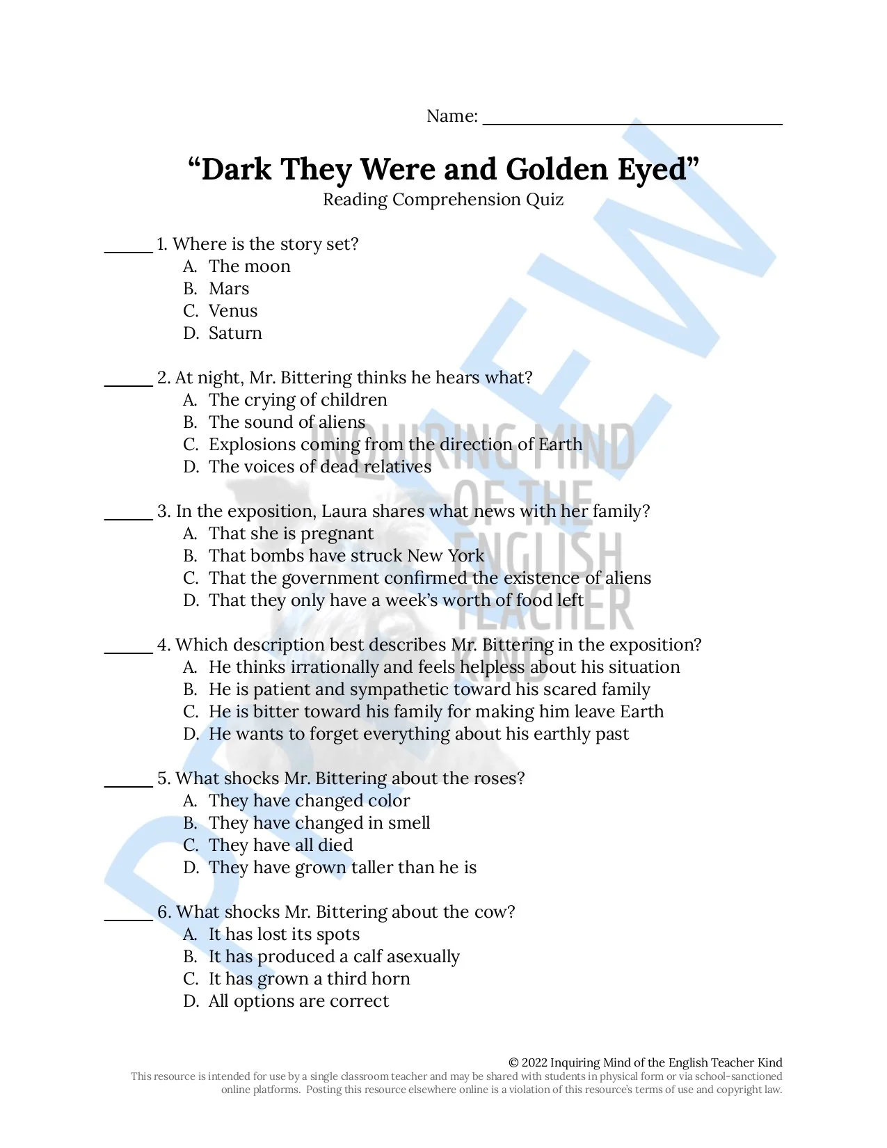 "Dark They Were and Golden Eyed" Quiz, Close Reading, and Vocab Games ...