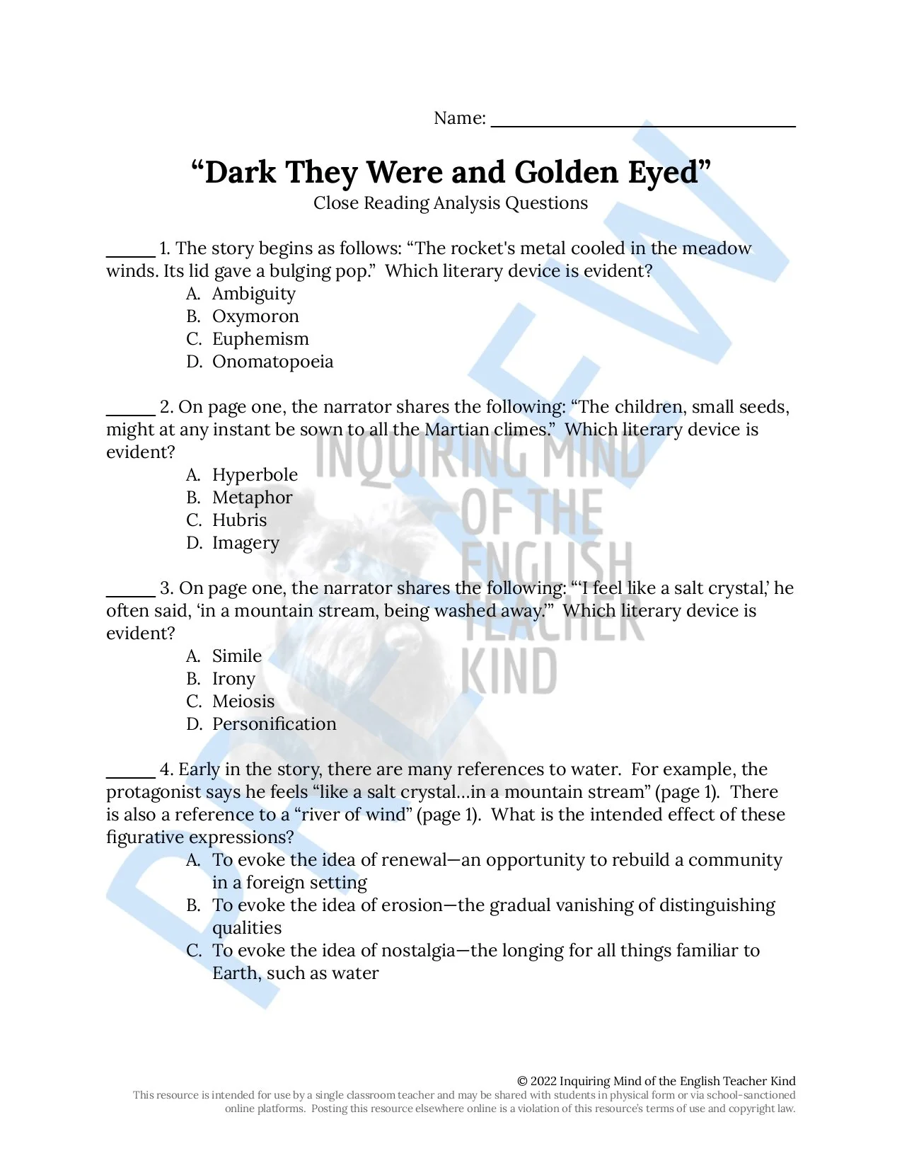 "Dark They Were and Golden Eyed" Quiz, Close Reading, and Vocab Games ...