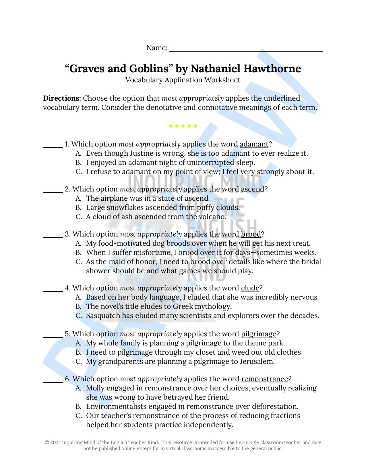 "Graves and Goblins" by Nathaniel Hawthorne Quiz, Close Reading, and ...