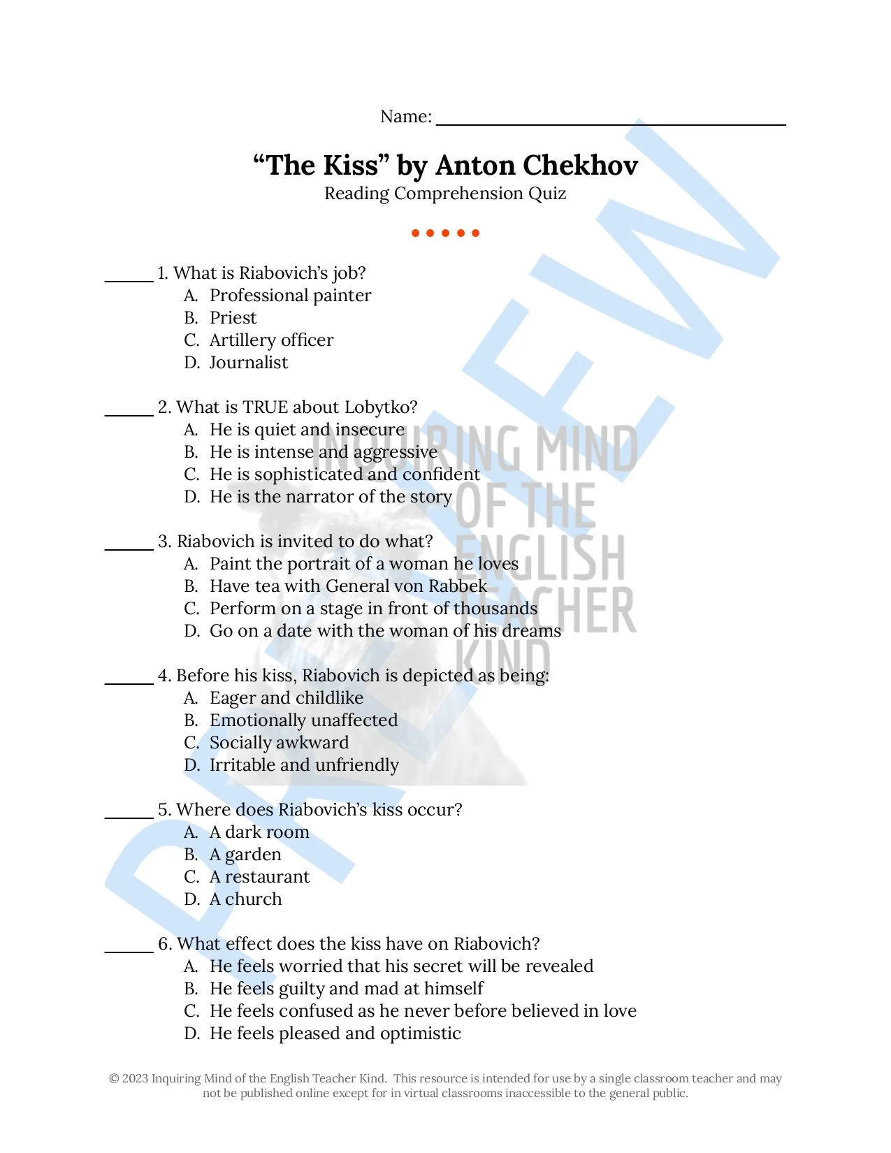 "The Kiss" by Anton Chekhov Quiz, Close Reading, and Vocabulary Games ...