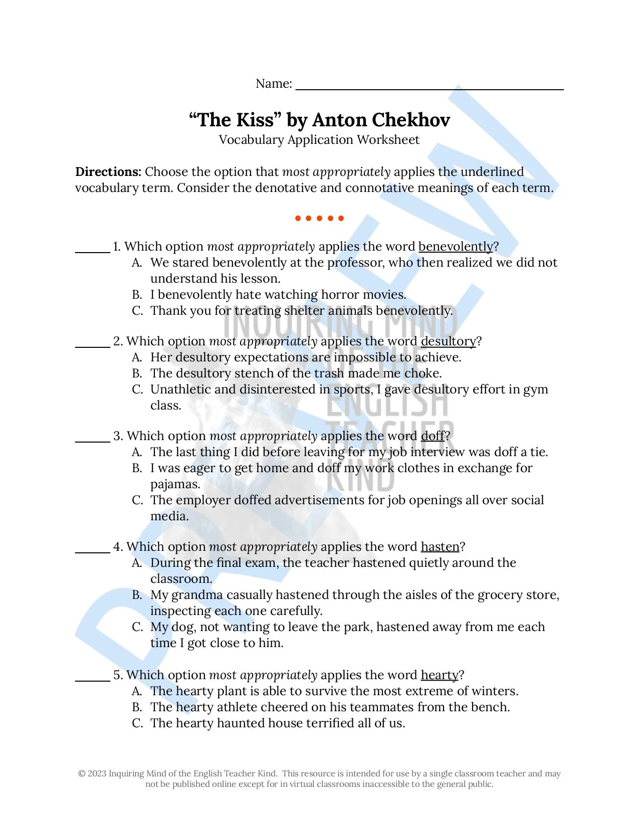 "The Kiss" by Anton Chekhov Quiz, Close Reading, and Vocabulary Games ...