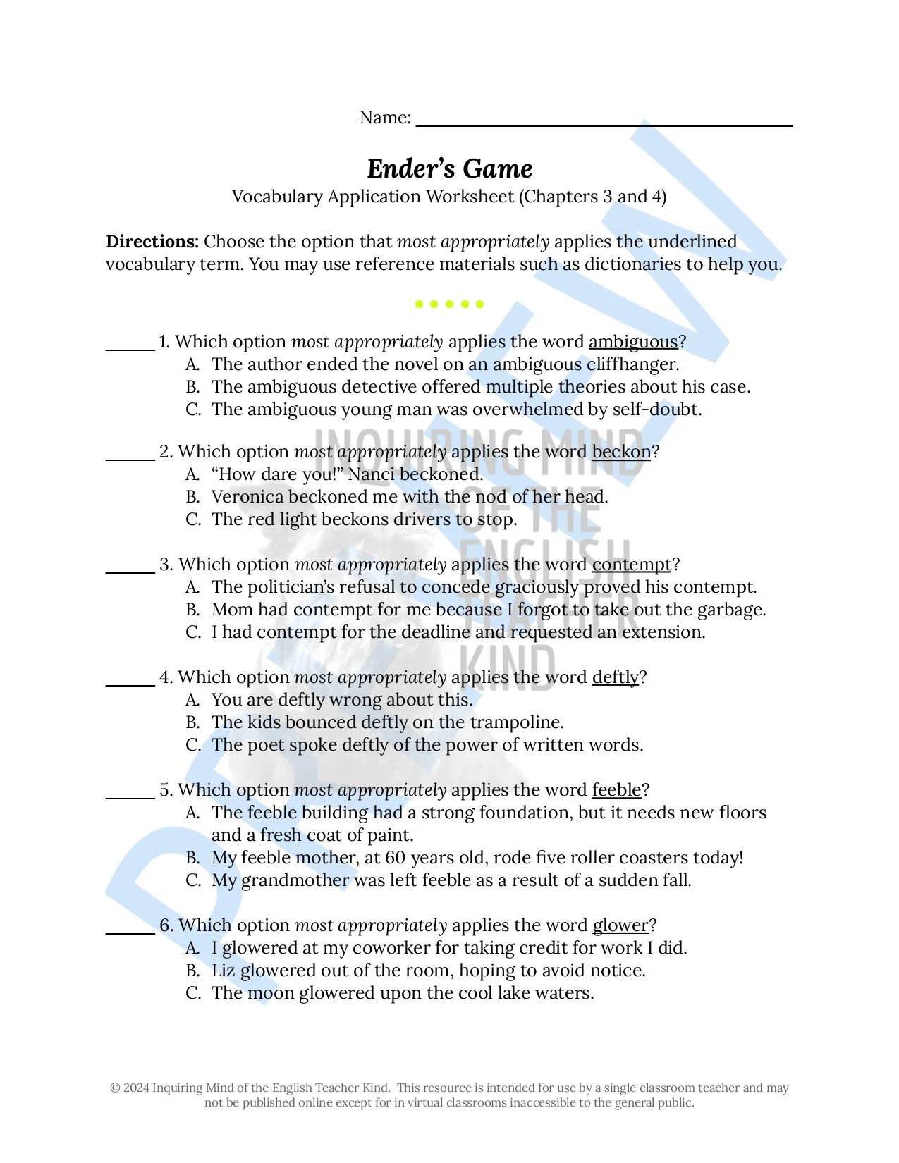 Ender's Game by Orson Scott Card Vocabulary Games Bundle for High ...