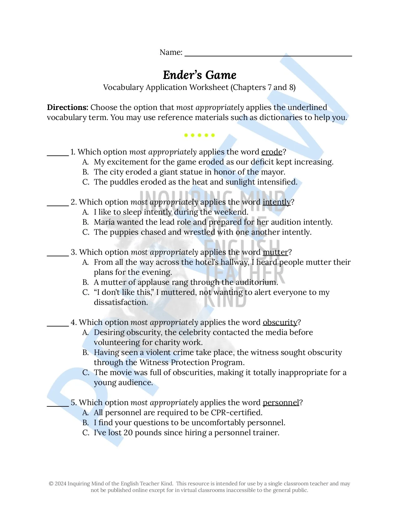 Ender's Game by Orson Scott Card Vocabulary Games Bundle for High ...