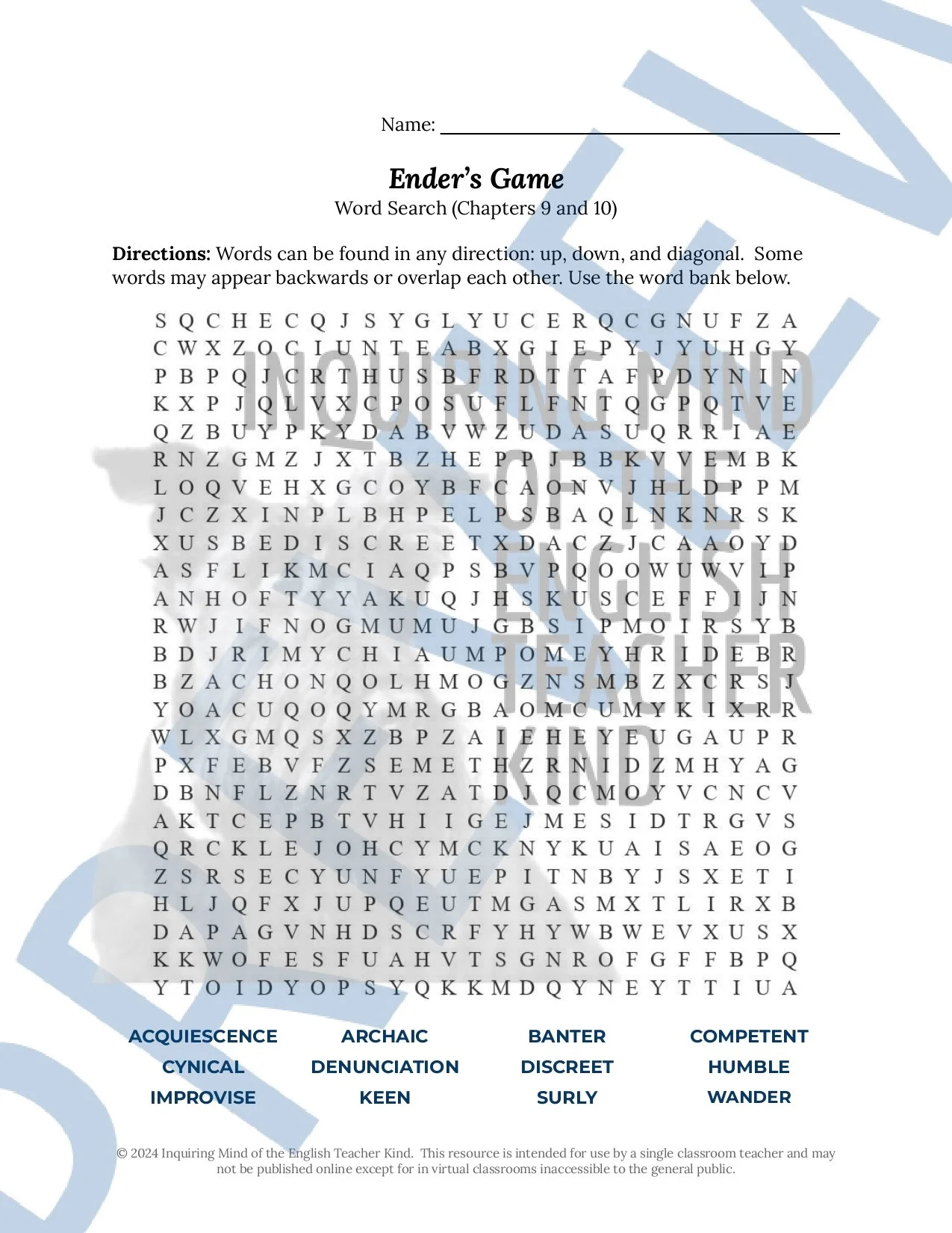 Ender's Game by Orson Scott Card Vocabulary Games Bundle for High ...