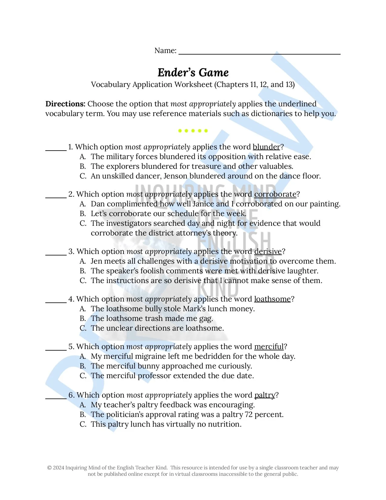 Ender's Game by Orson Scott Card Vocabulary Games Bundle for High ...