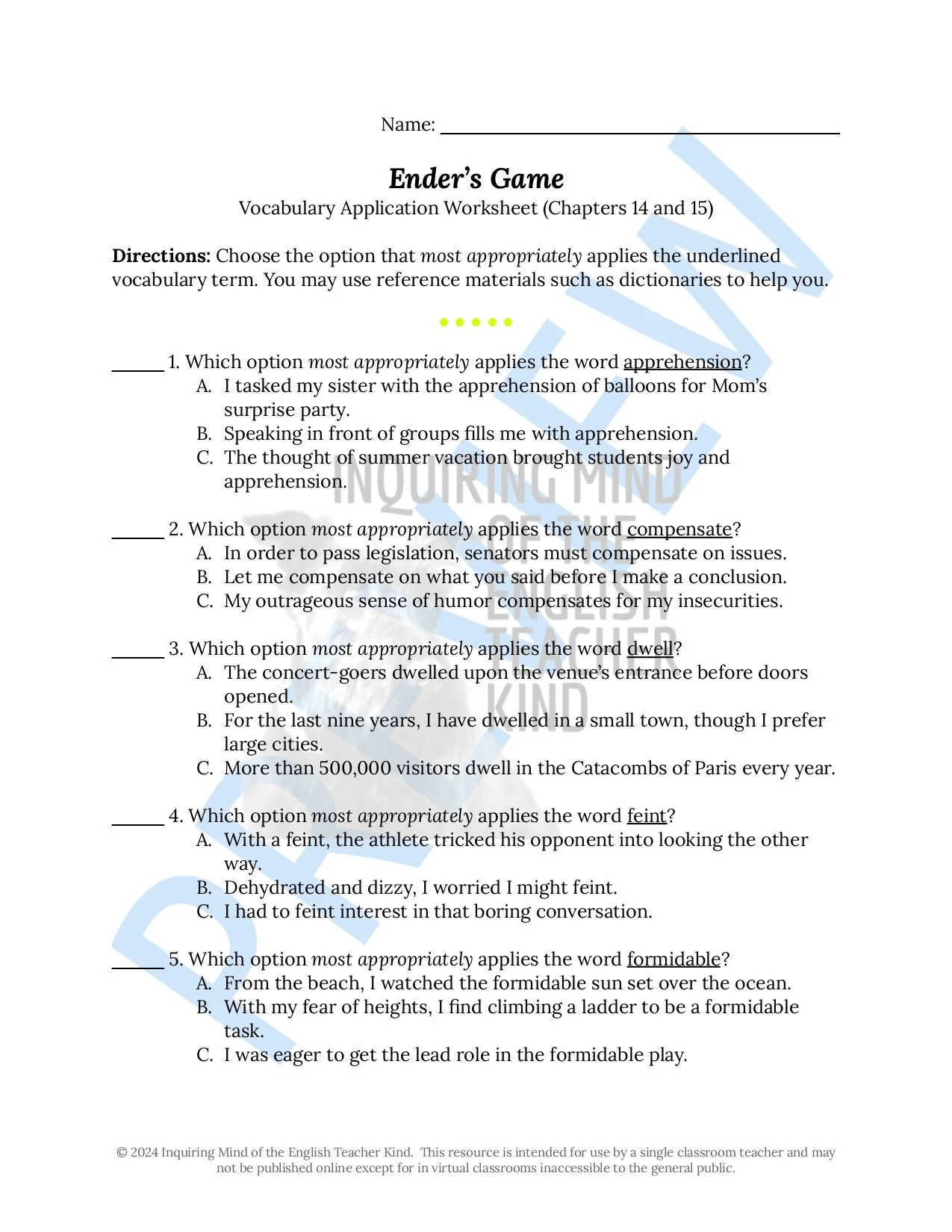 Ender's Game by Orson Scott Card Vocabulary Games Bundle for High ...