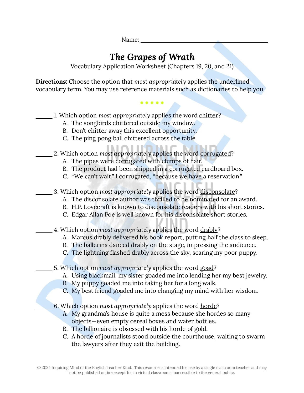 The Grapes of Wrath by John Steinbeck Vocabulary Games Bundle for High ...
