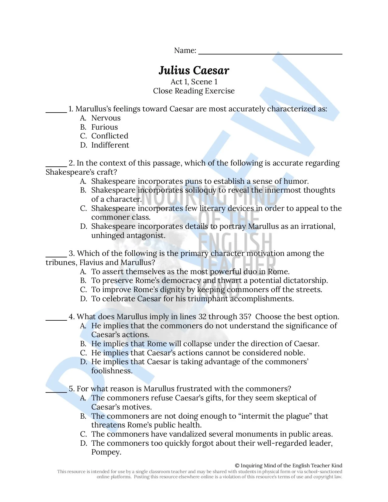 Shakespeare's Julius Caesar Close Reading Analysis Worksheets Bundle ...