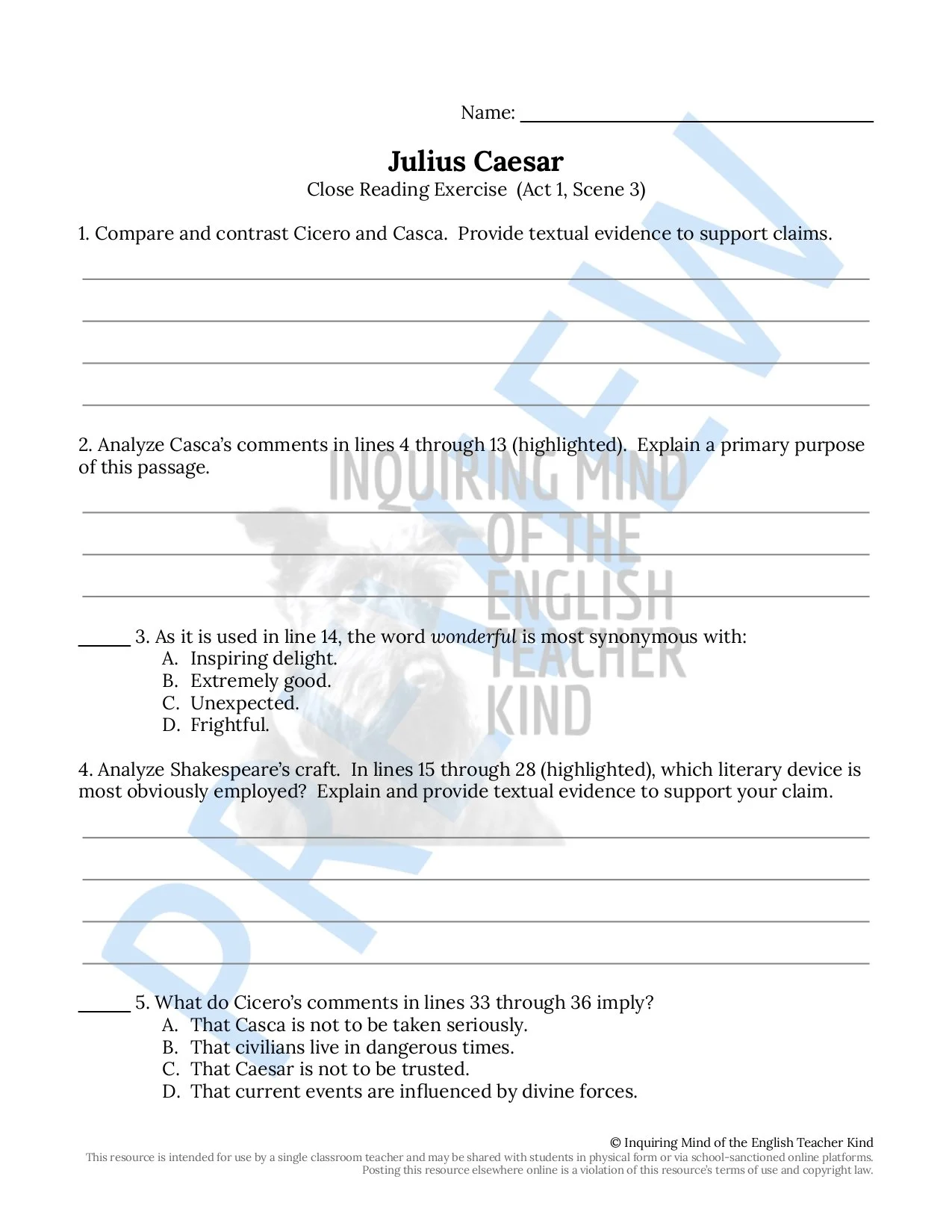 Shakespeare's Julius Caesar Close Reading Analysis Worksheets Bundle ...