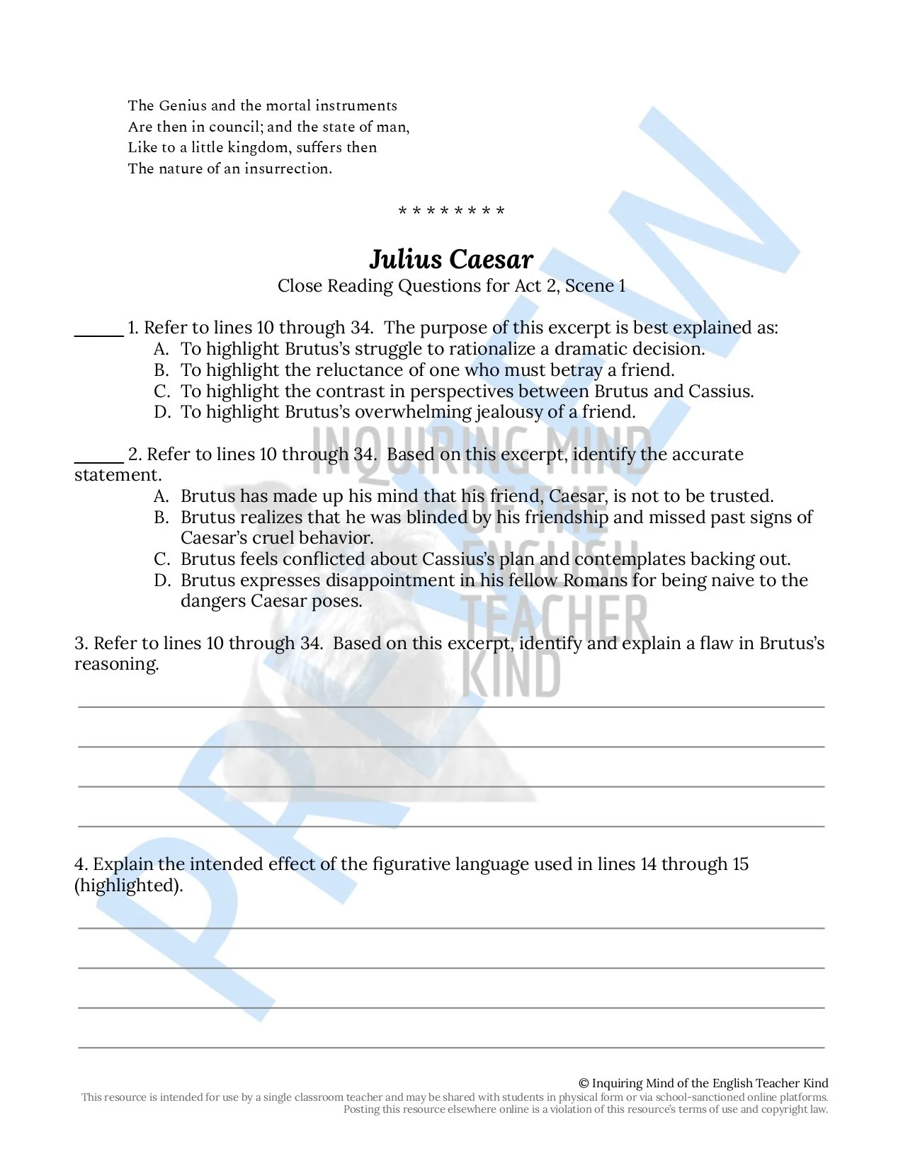 Shakespeare's Julius Caesar Close Reading Analysis Worksheets Bundle ...