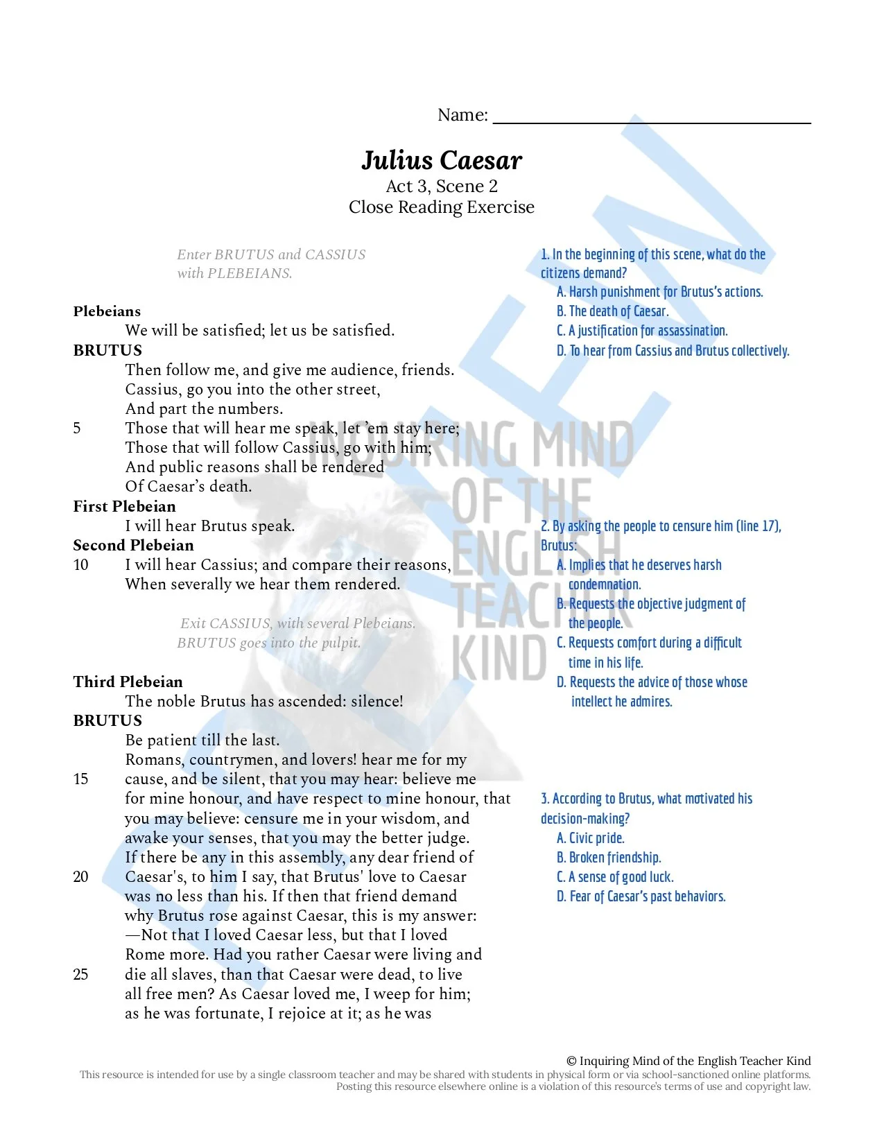 Shakespeare's Julius Caesar Close Reading Analysis Worksheets Bundle ...