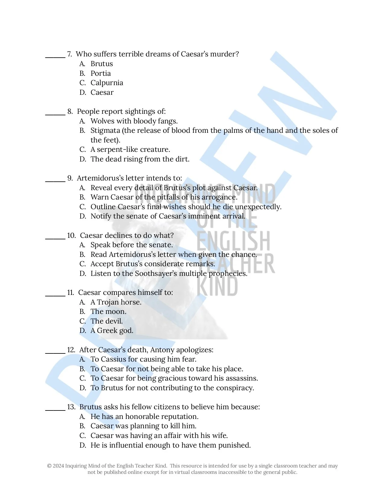 Shakespeare's Julius Caesar Test and Answer Key for High School ...