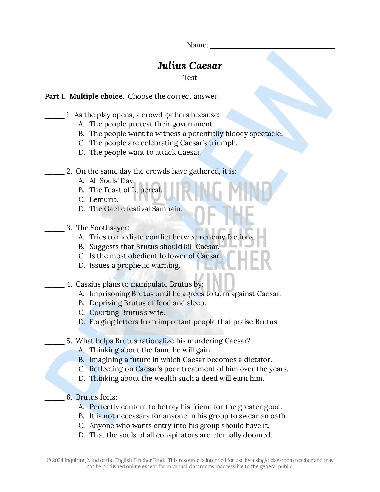 Shakespeare's Julius Caesar Test and Answer Key for High School ...