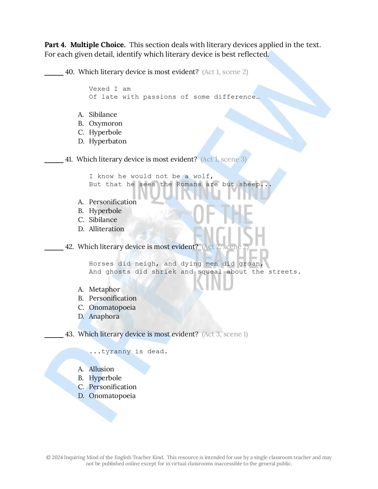 Shakespeare's Julius Caesar Test and Answer Key for High School ...
