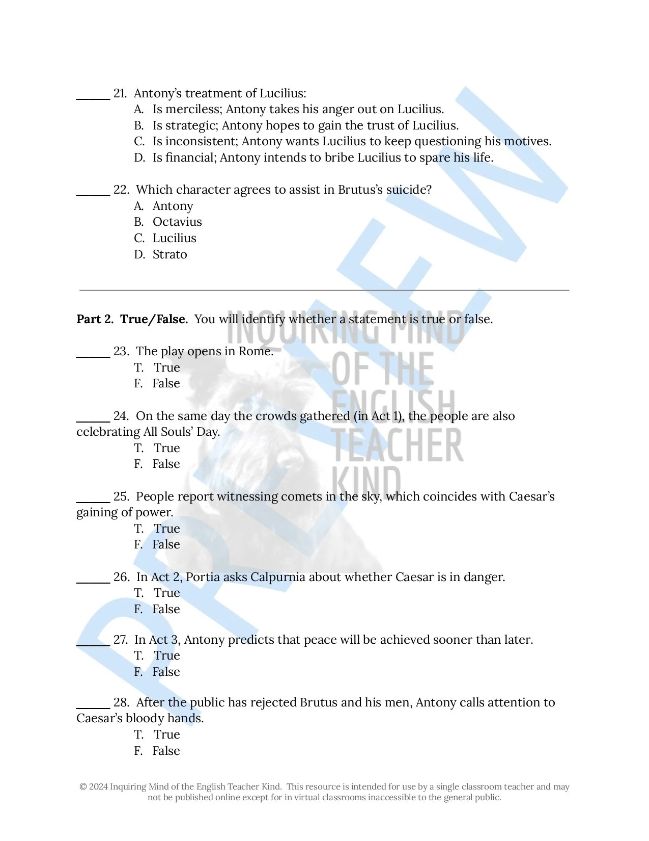 Shakespeare's Julius Caesar Test and Answer Key for High School ...