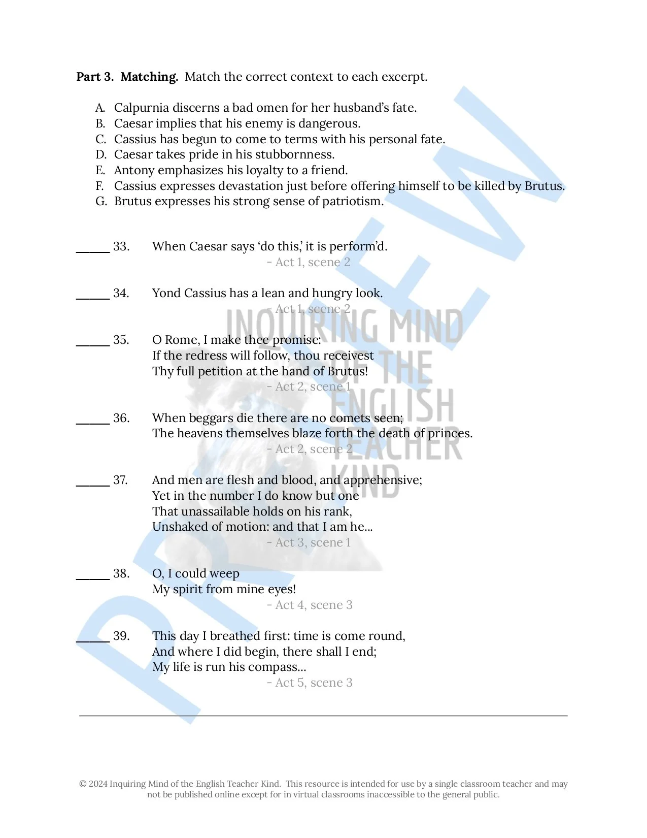 Shakespeare's Julius Caesar Test and Answer Key for High School ...