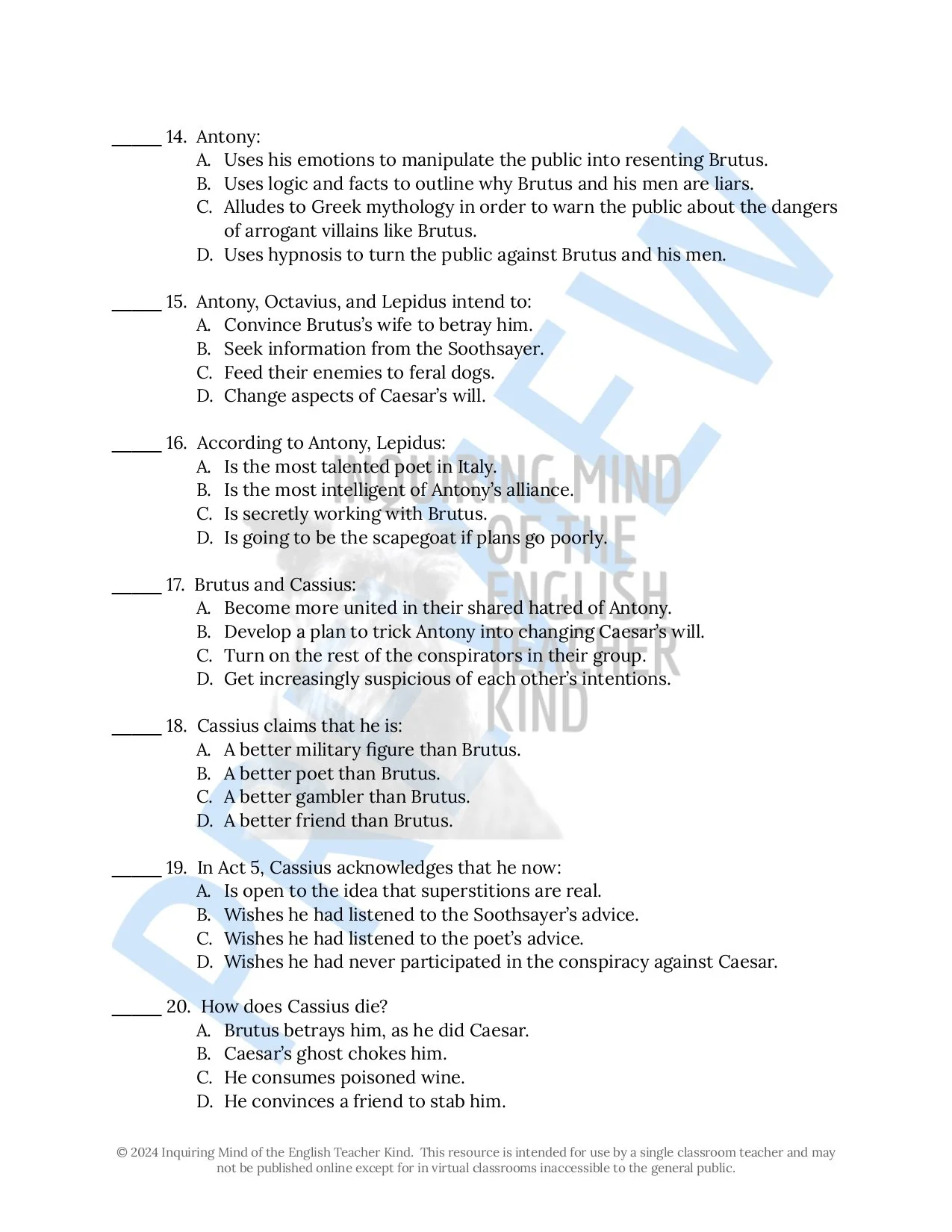 Shakespeare's Julius Caesar Test and Answer Key for High School ...