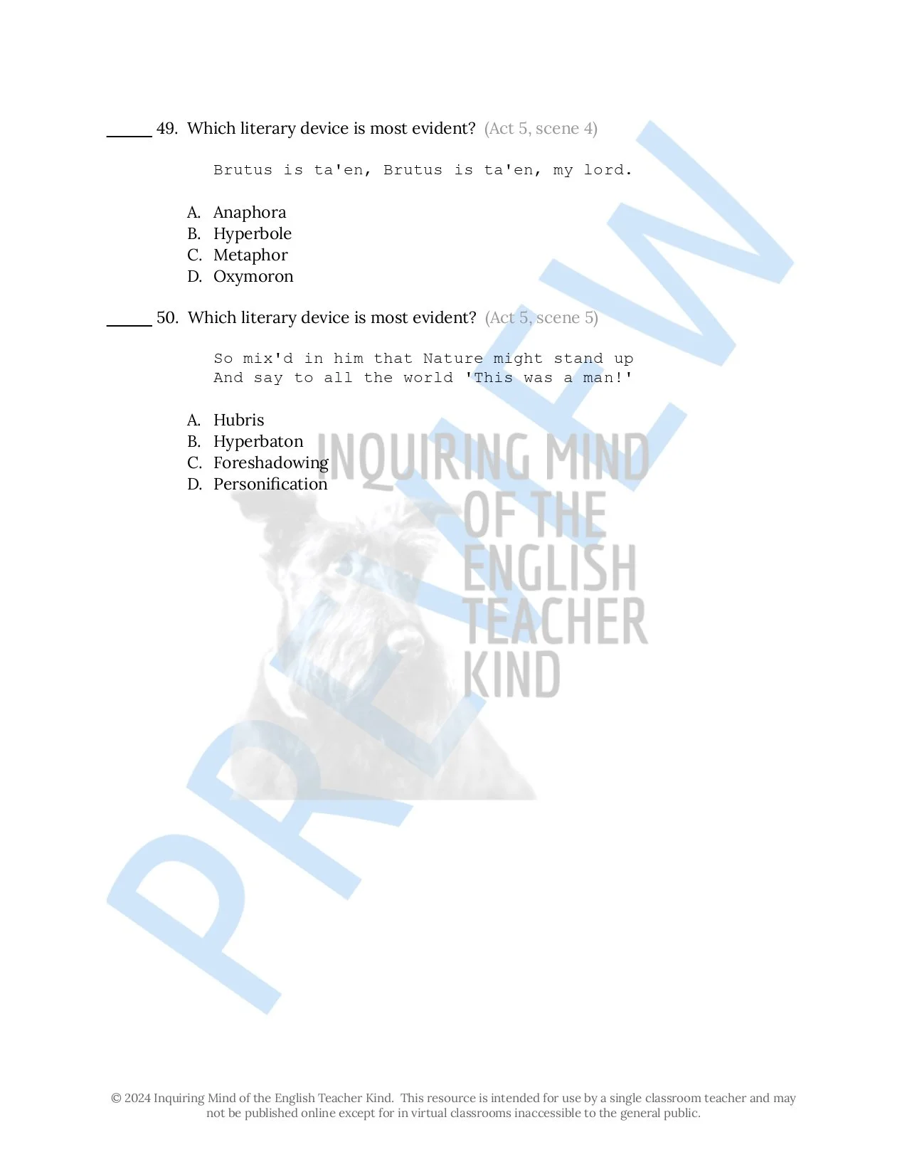 Shakespeare's Julius Caesar Test and Answer Key for High School ...