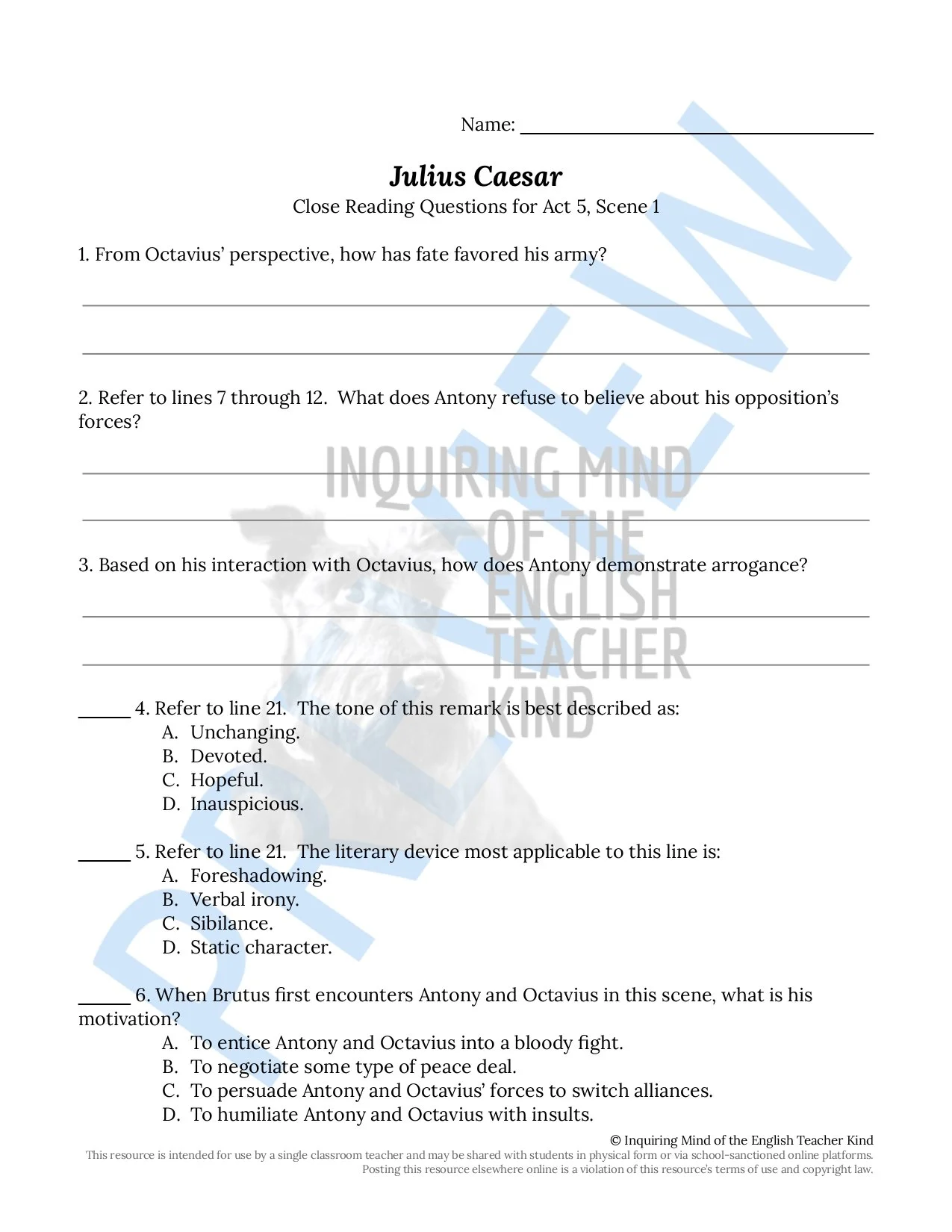 Julius Caesar Act 5 Quiz and Close Reading Analysis Worksheets Bundle ...