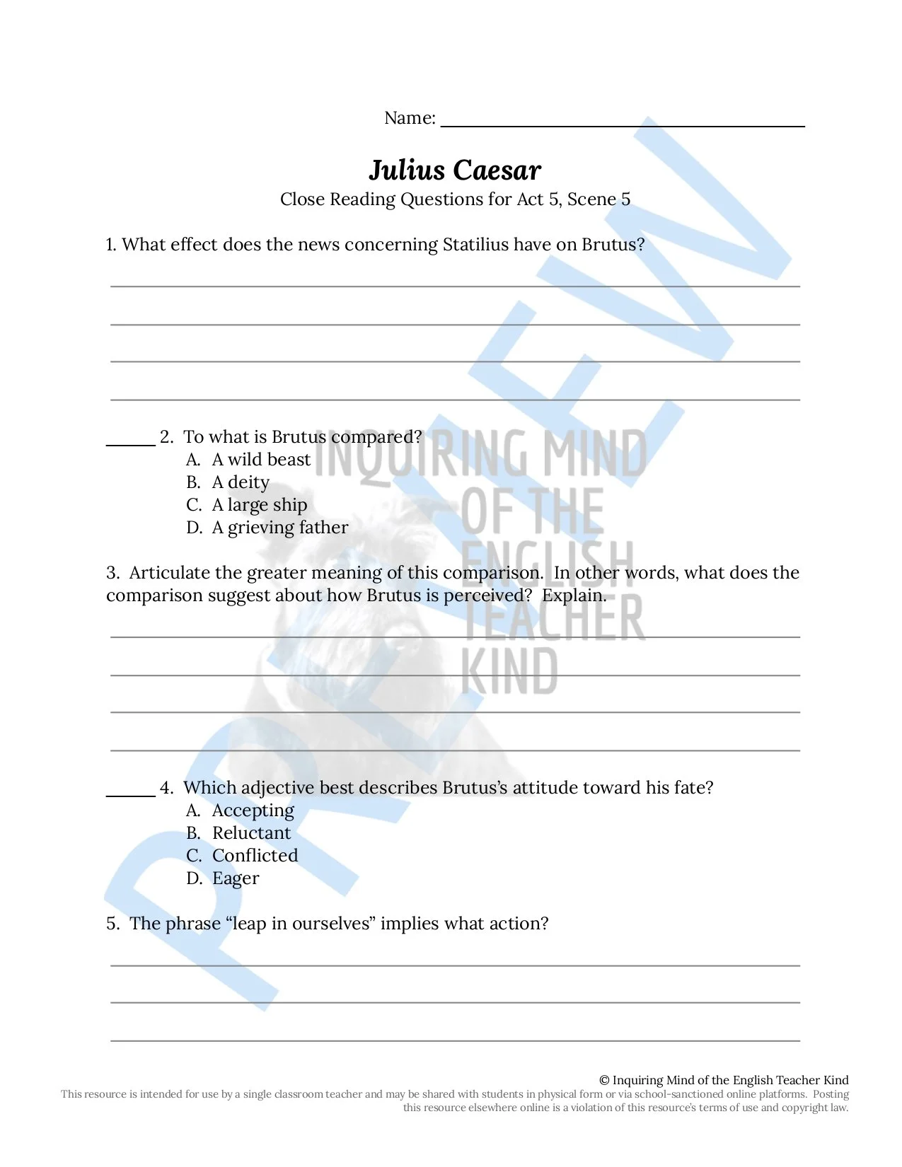 Julius Caesar Act 5 Quiz and Close Reading Analysis Worksheets Bundle ...