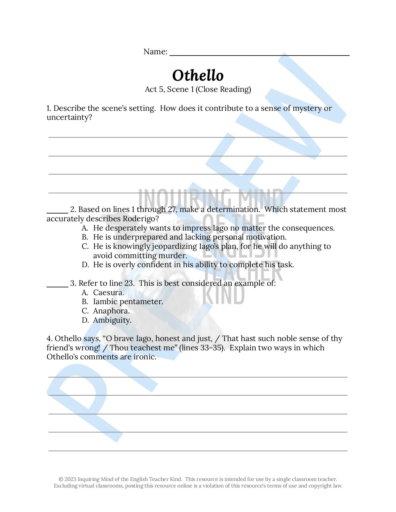 Othello Act 5 Quiz and Close Reading Analysis Worksheets Bundle for ...