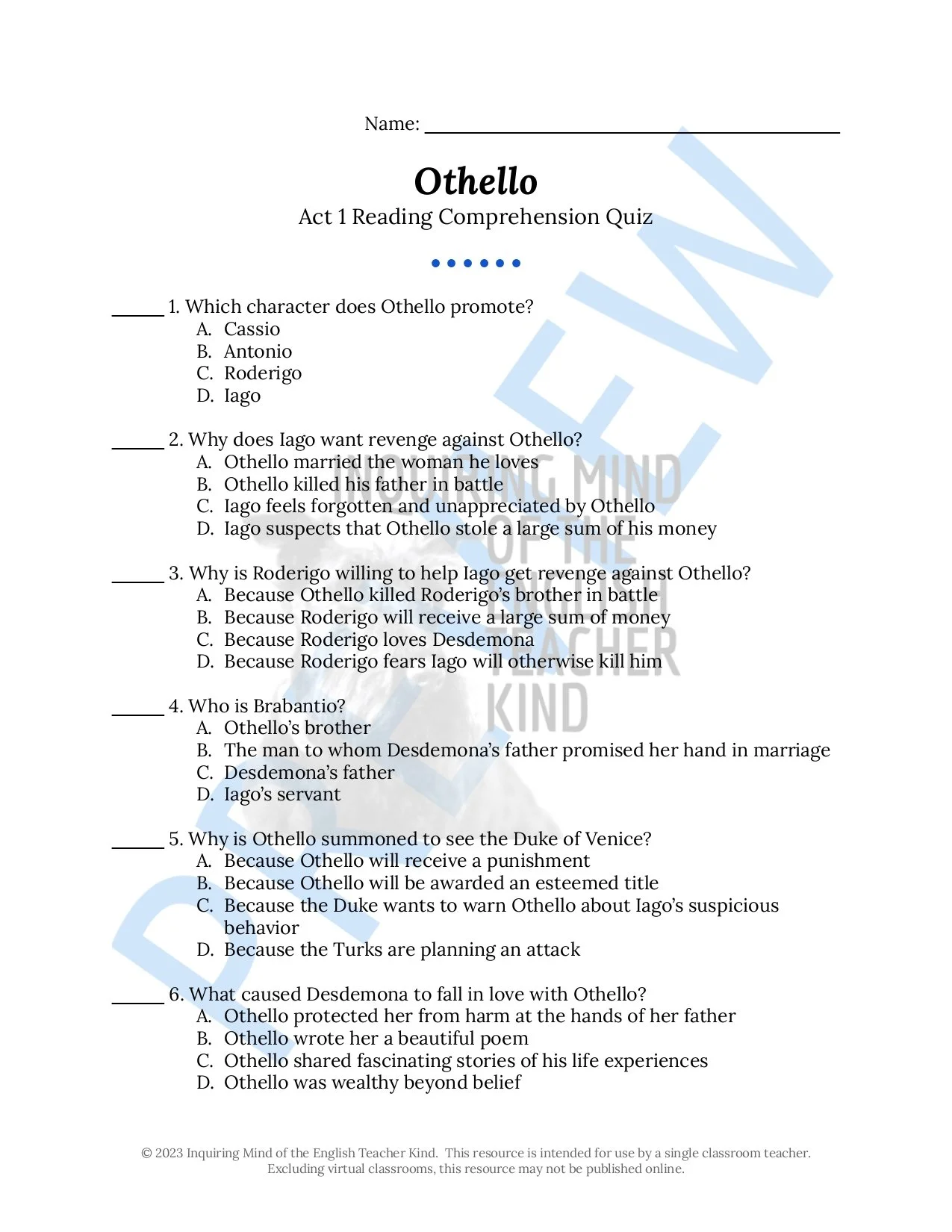 Shakespeare's Othello Quiz and Answer Key Bundle for High School ...