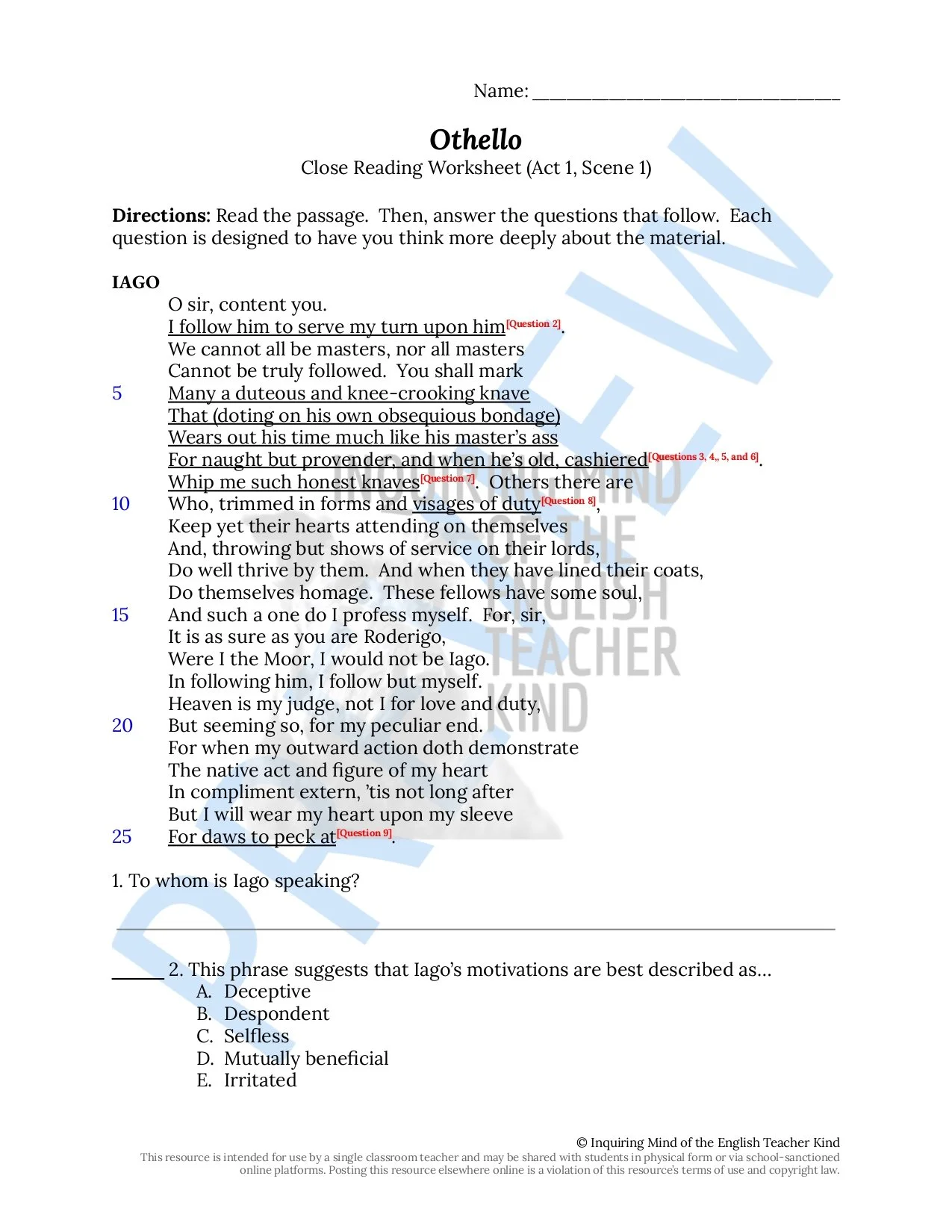 Othello Close Reading Analysis Worksheets Bundle with Answer Keys for ...
