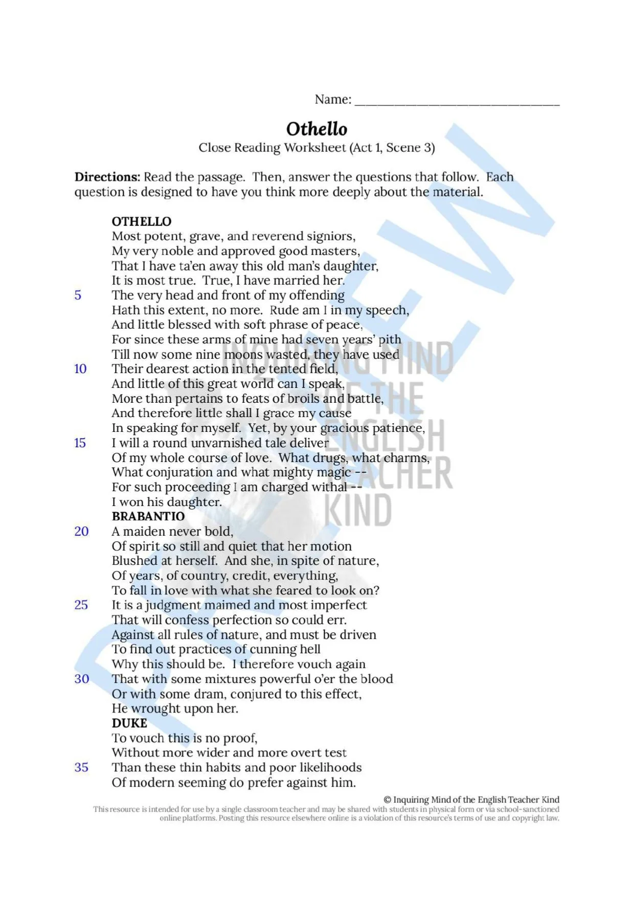 Othello Close Reading Analysis Worksheets Bundle with Answer Keys for ...