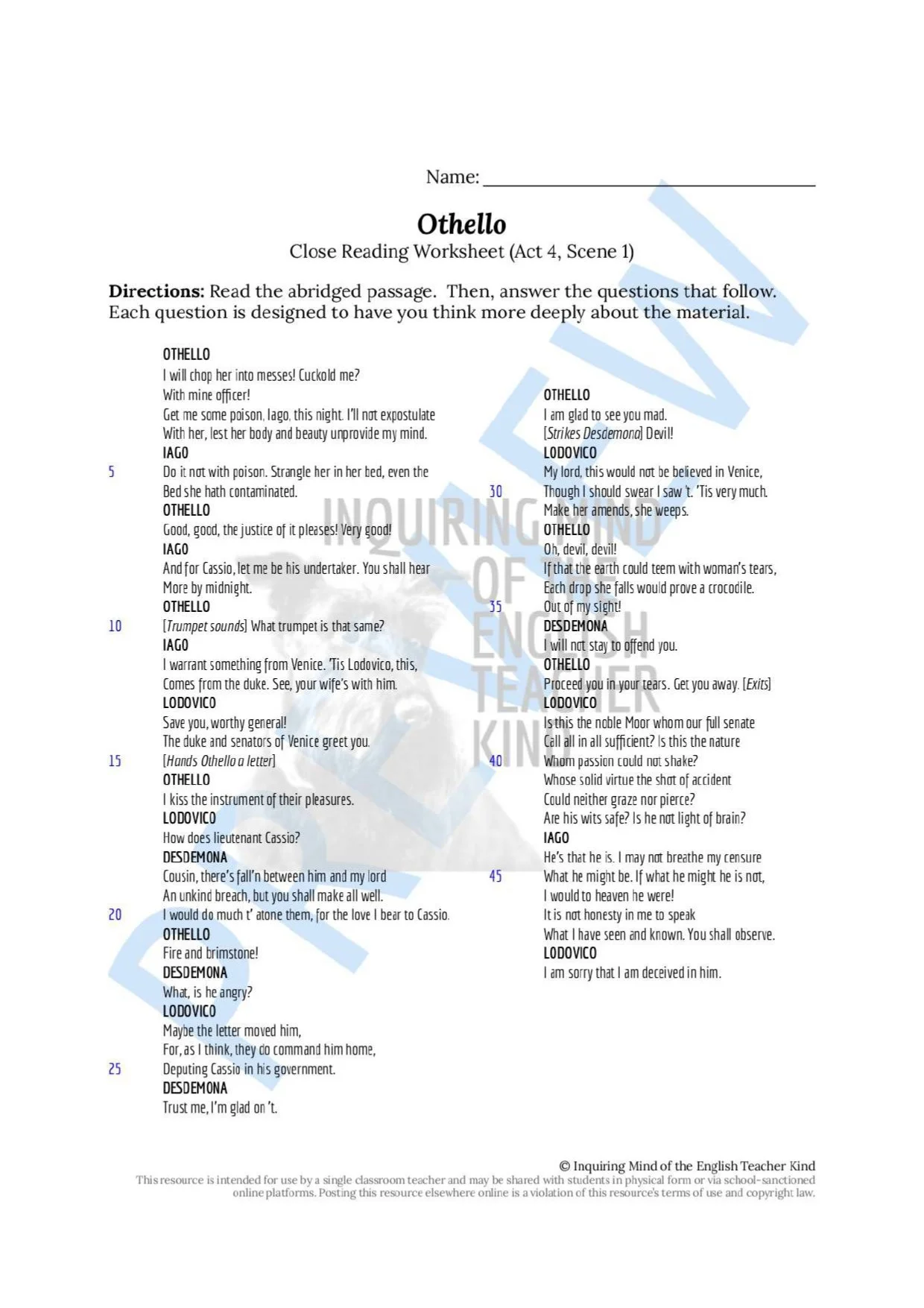 Othello Close Reading Analysis Worksheets Bundle with Answer Keys for ...