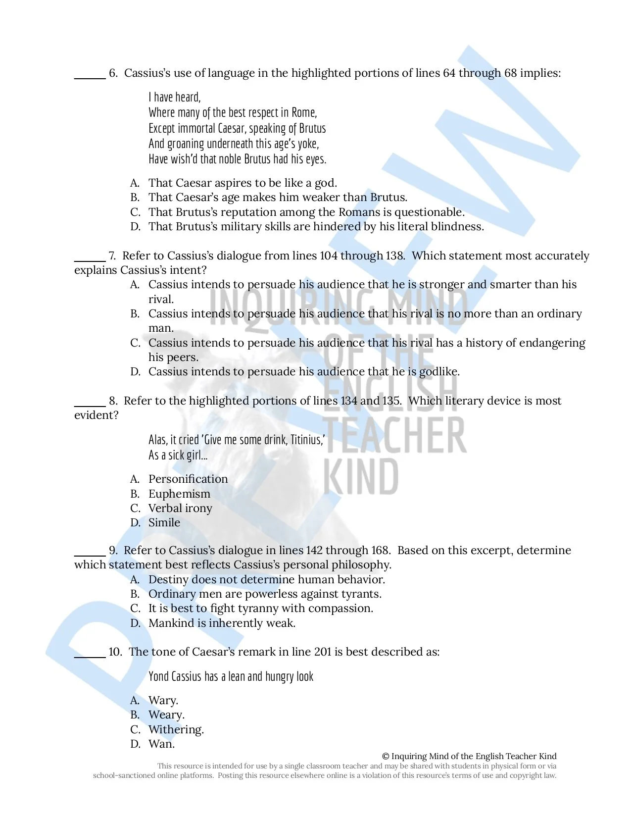 Julius Caesar Quizzes, Close Reading Worksheets, Vocabulary Games, and ...