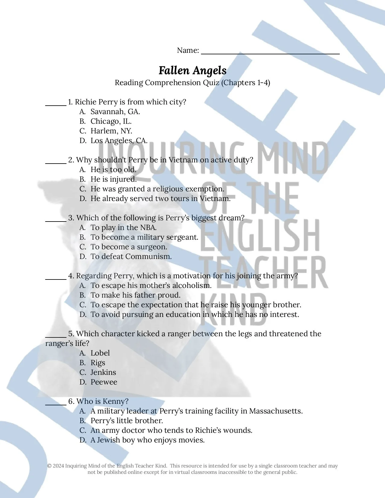 Fallen Angels by Walter Dean Myers Quiz and Answer Key Bundle for High ...