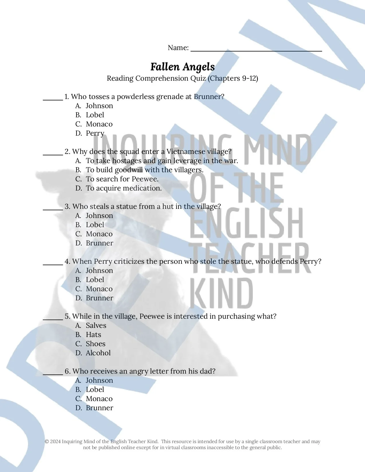 Fallen Angels by Walter Dean Myers Quiz and Answer Key Bundle for High ...