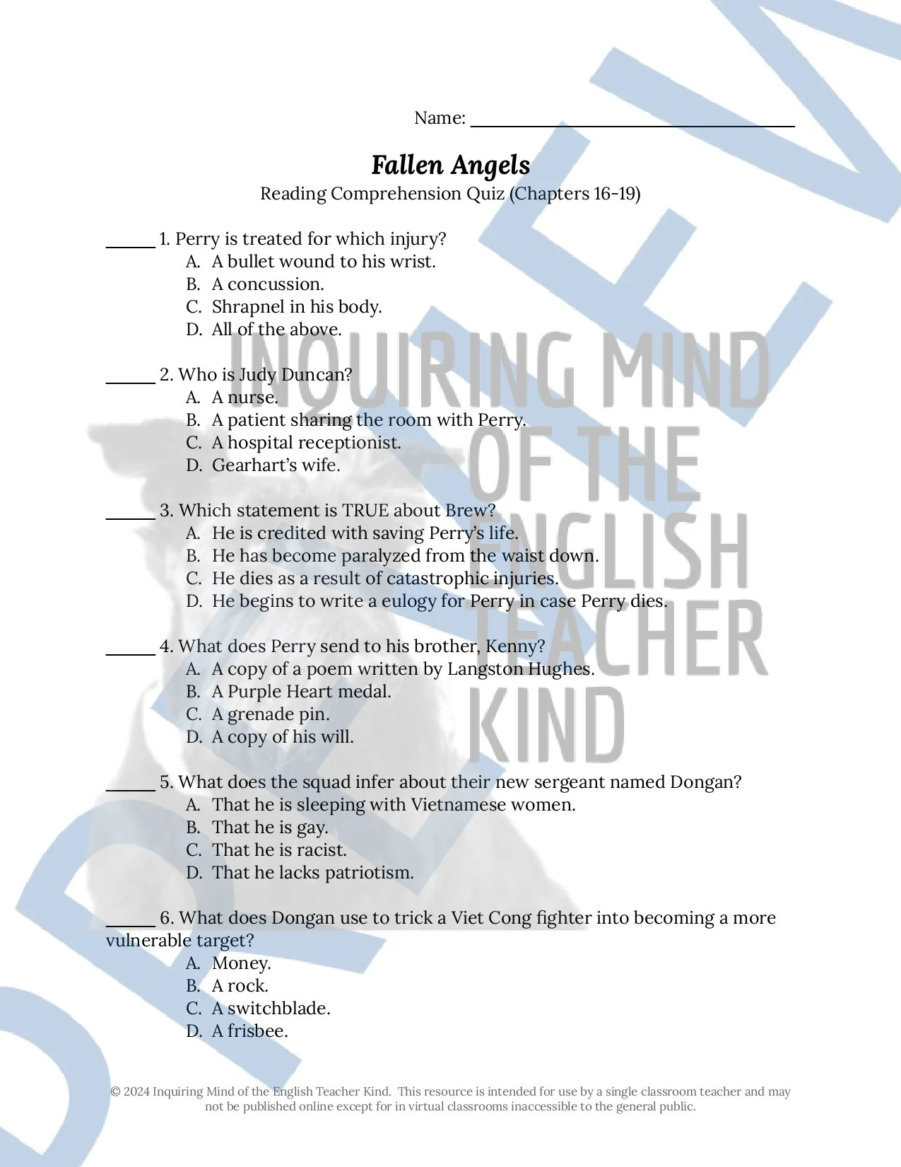 Fallen Angels by Walter Dean Myers Quiz and Answer Key Bundle for High ...