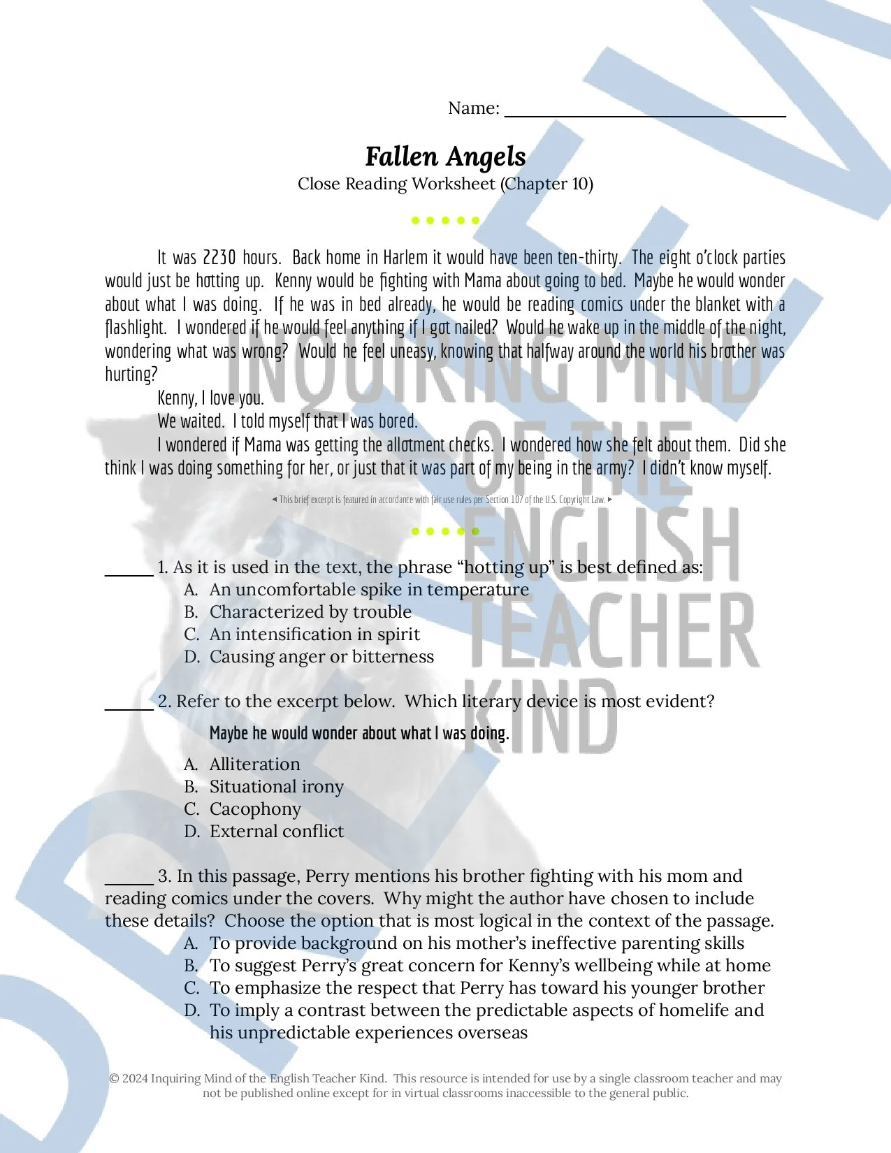 Fallen Angels by Walter Dean Myers Close Reading Analysis Worksheets ...