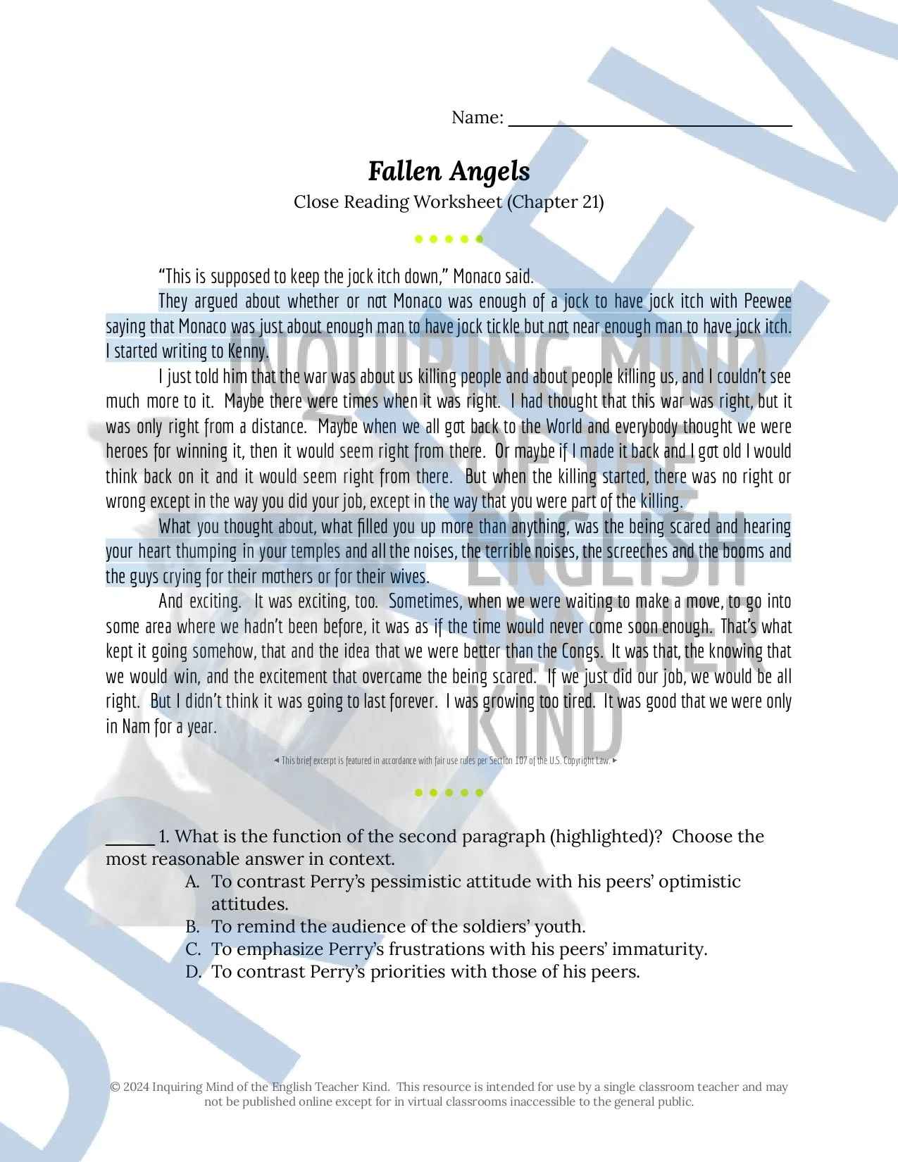 Fallen Angels by Walter Dean Myers Close Reading Analysis Worksheets ...