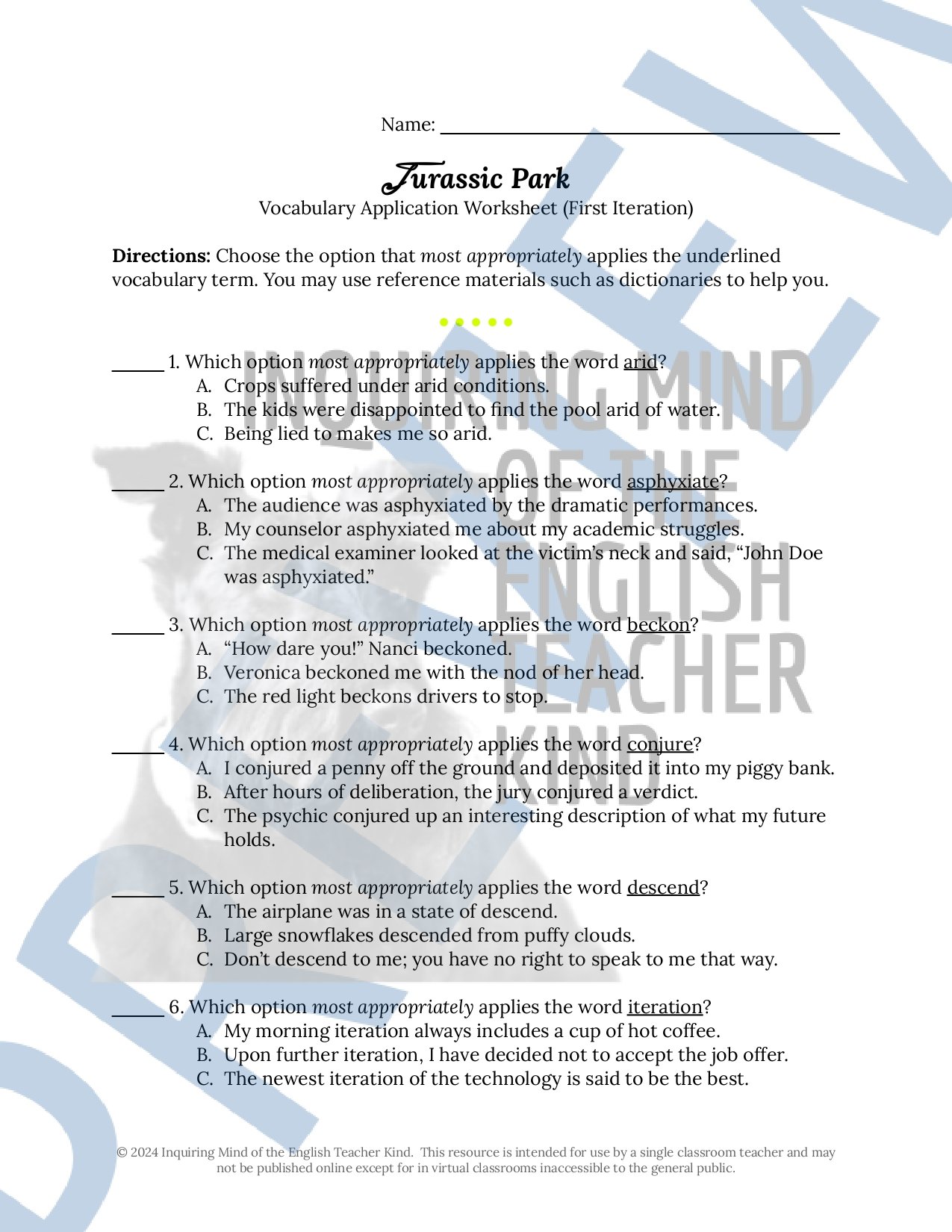 Jurassic Park by Michael Crichton Vocabulary Games Bundle for High ...