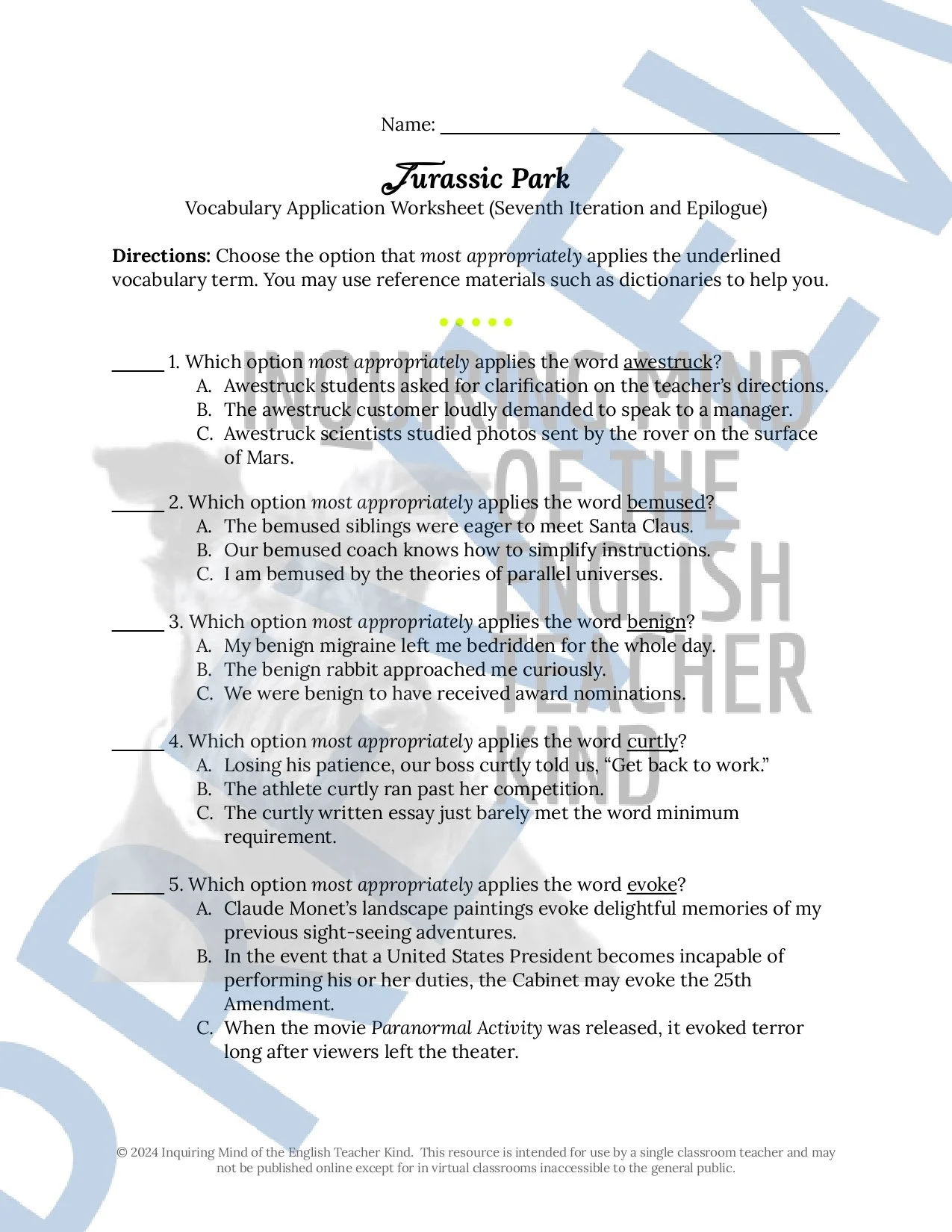 Jurassic Park by Michael Crichton Vocabulary Games Bundle for High ...