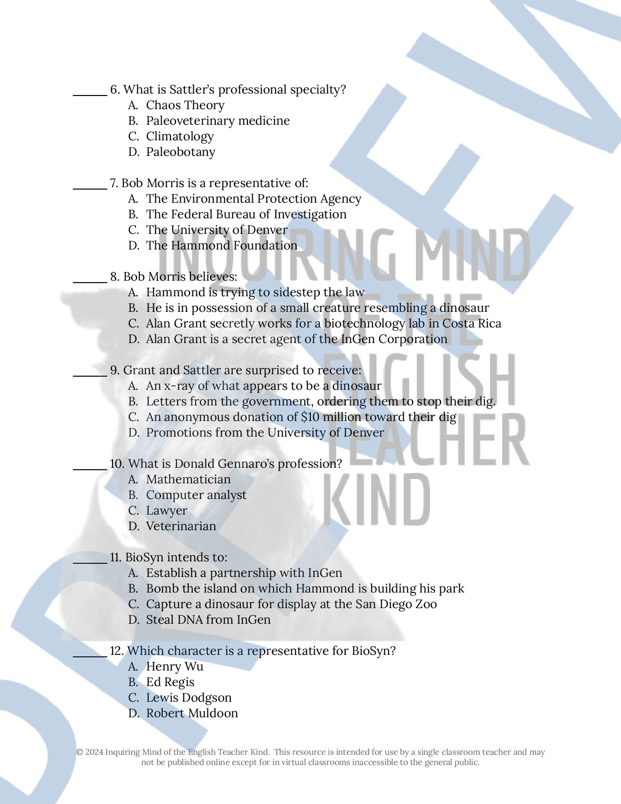 Jurassic Park by Michael Crichton Test and Answer Key with Study Guide ...