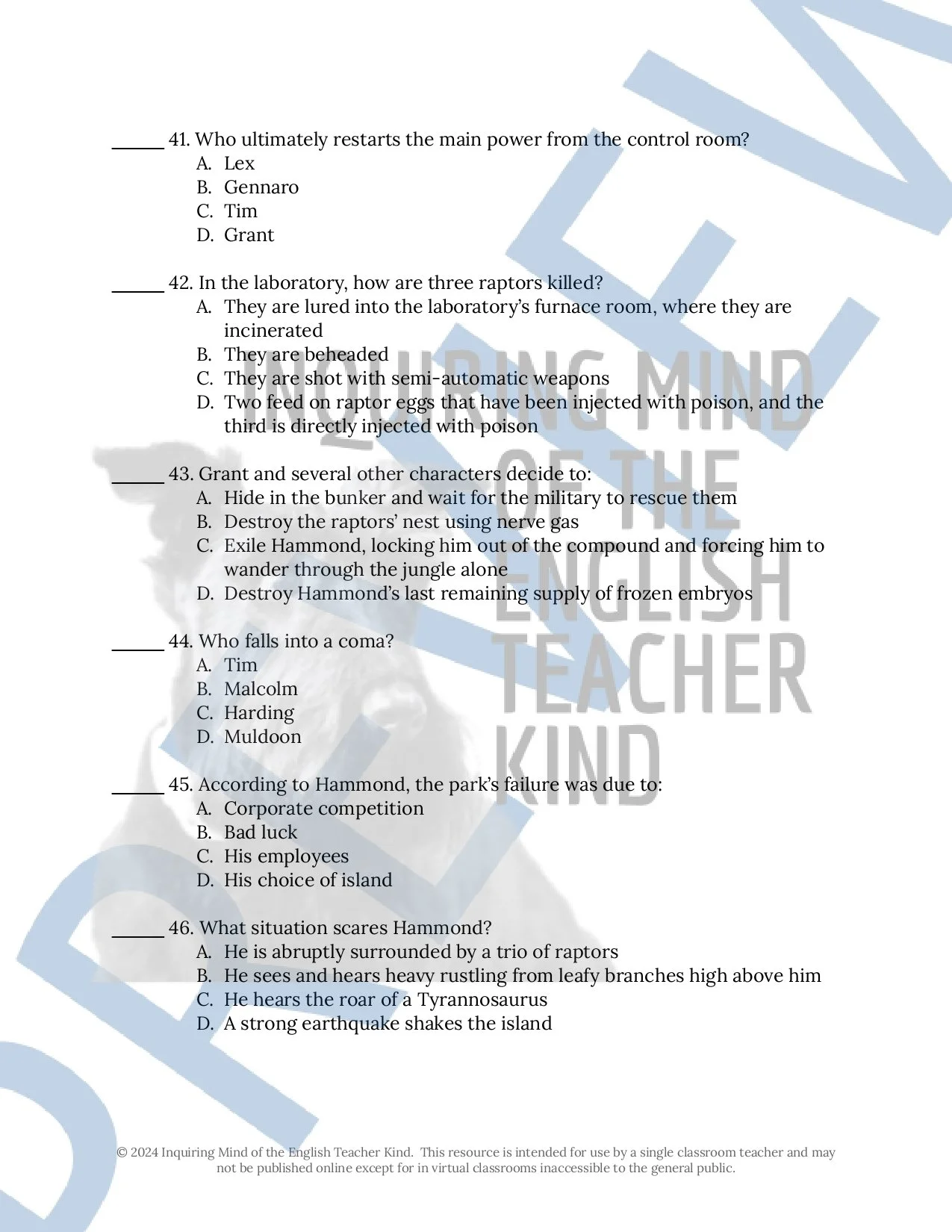 Jurassic Park by Michael Crichton Test and Answer Key with Study Guide ...