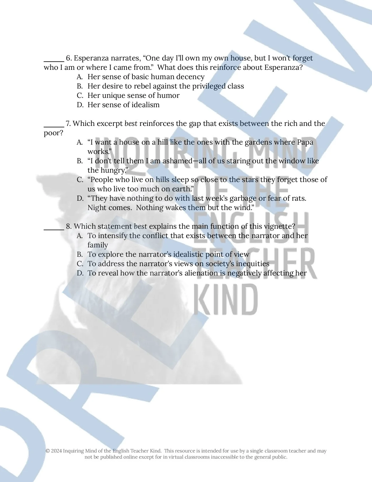 House on Mango Street Quiz and Close Reading Worksheets Bundle ...