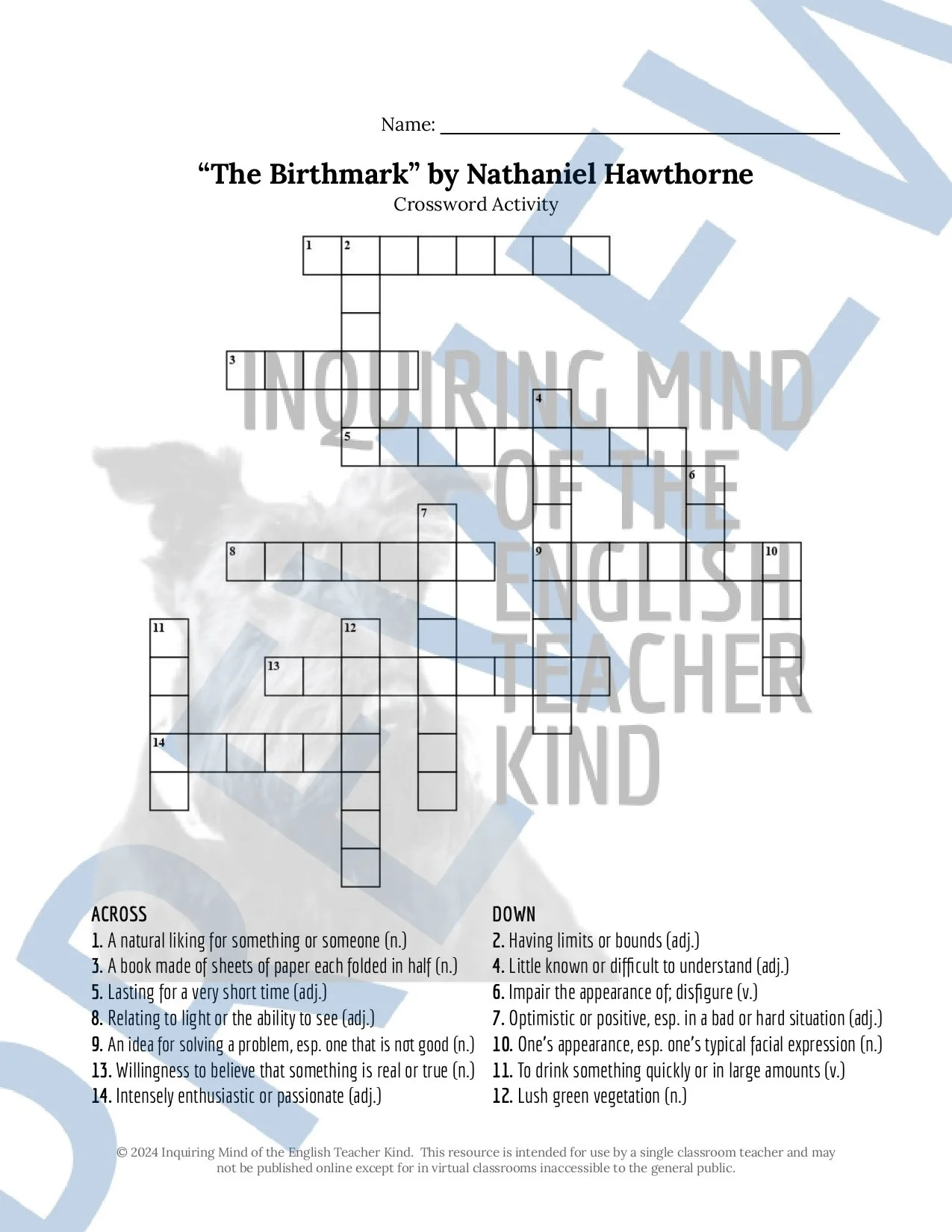 "The Birthmark" Quiz, Close Reading Worksheet, and Vocabulary Games ...