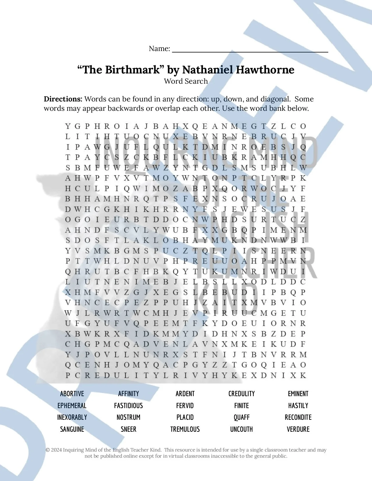 "The Birthmark" Quiz, Close Reading Worksheet, and Vocabulary Games ...