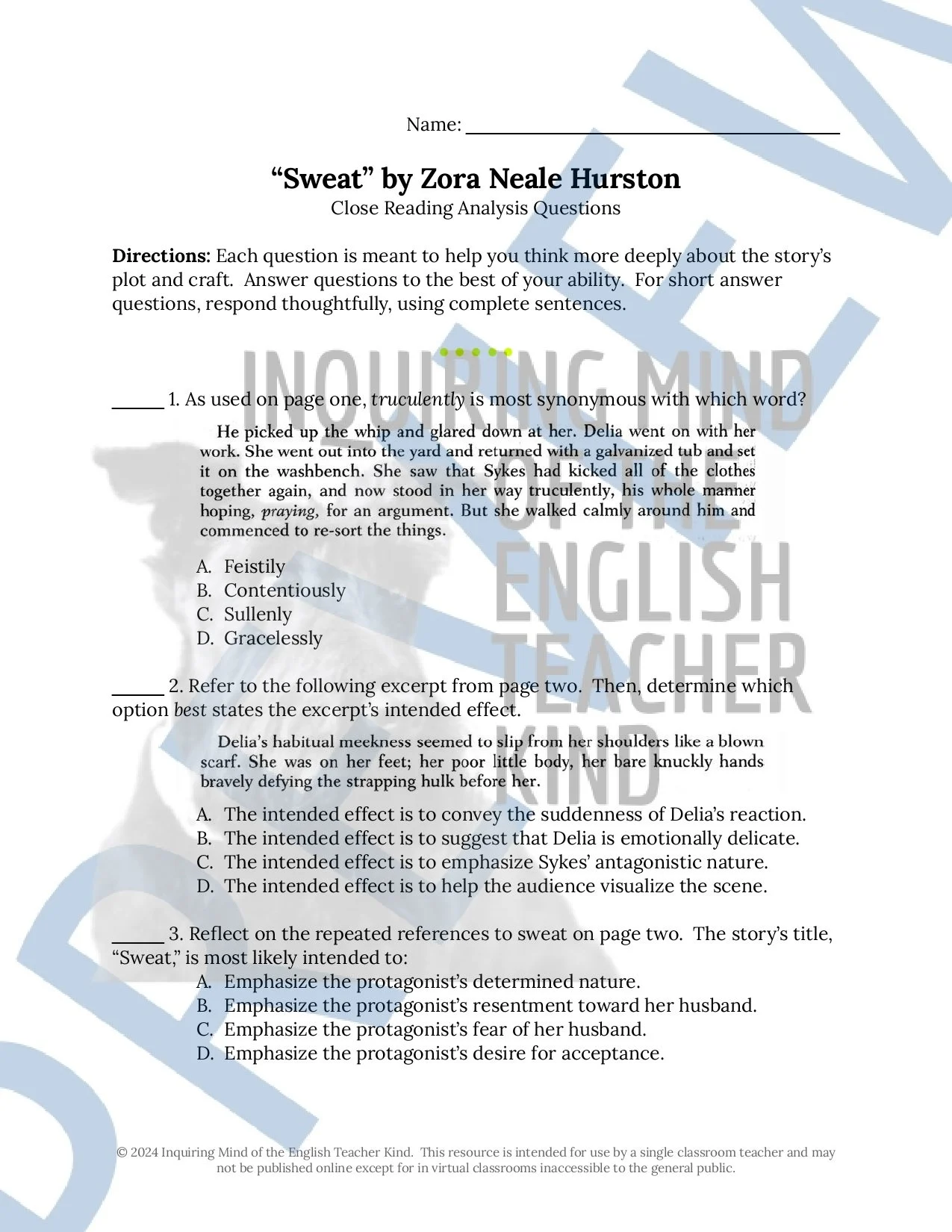 "Sweat" by Zora Neale Hurston Quiz, Close Reading, and Vocabulary Games ...