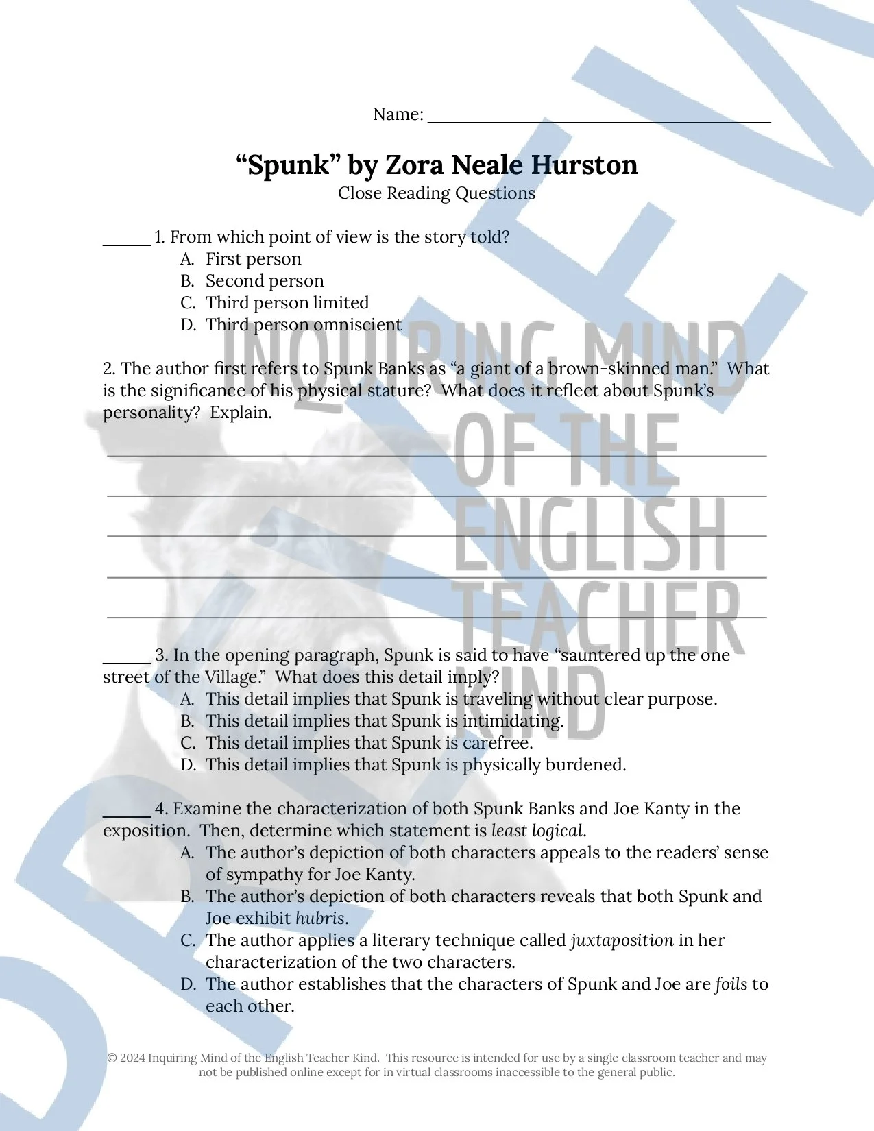 "Spunk" by Zora Neale Hurston Quiz, Close Reading, and Vocabulary Games ...