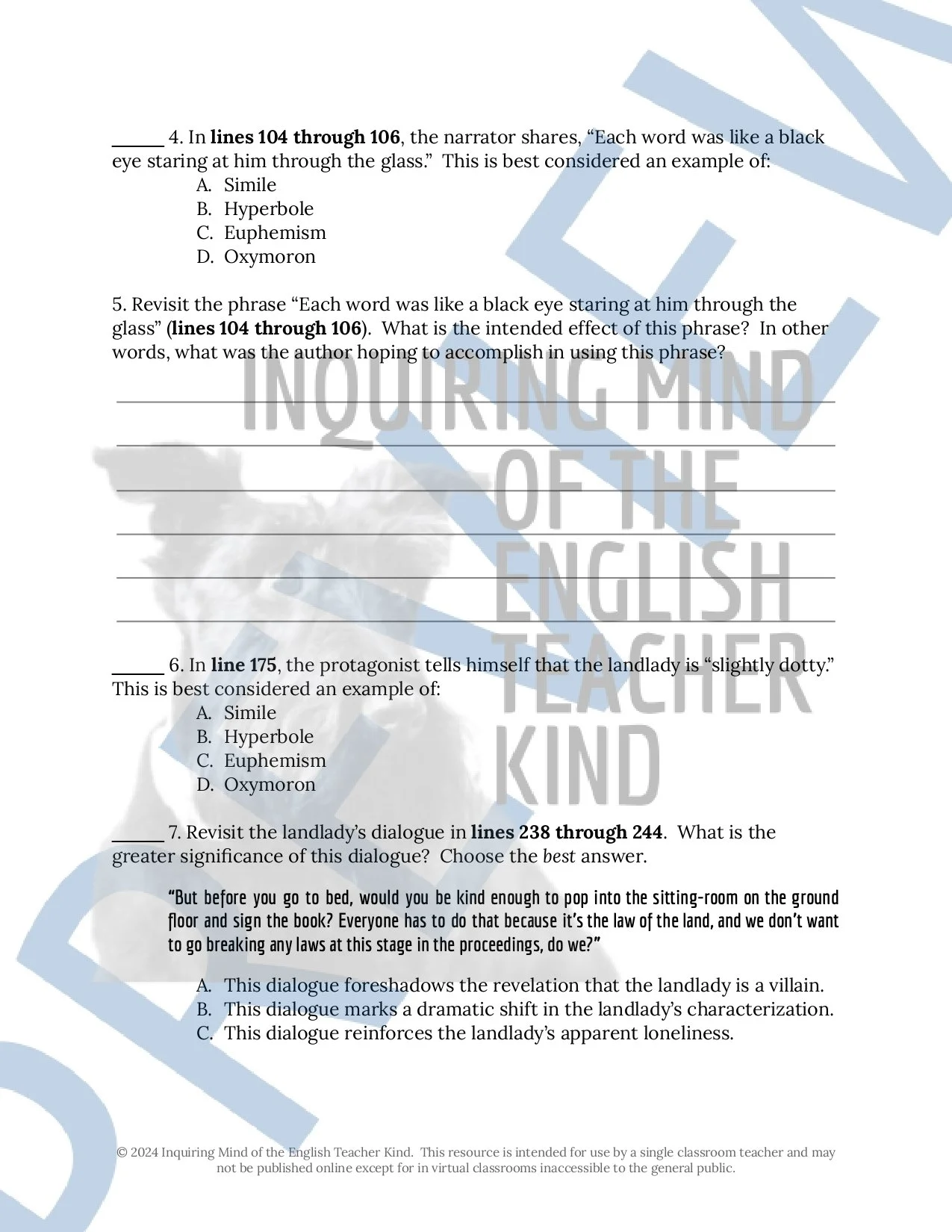 "The Landlady" by Roald Dahl Quiz, Close Reading Worksheet, and ...