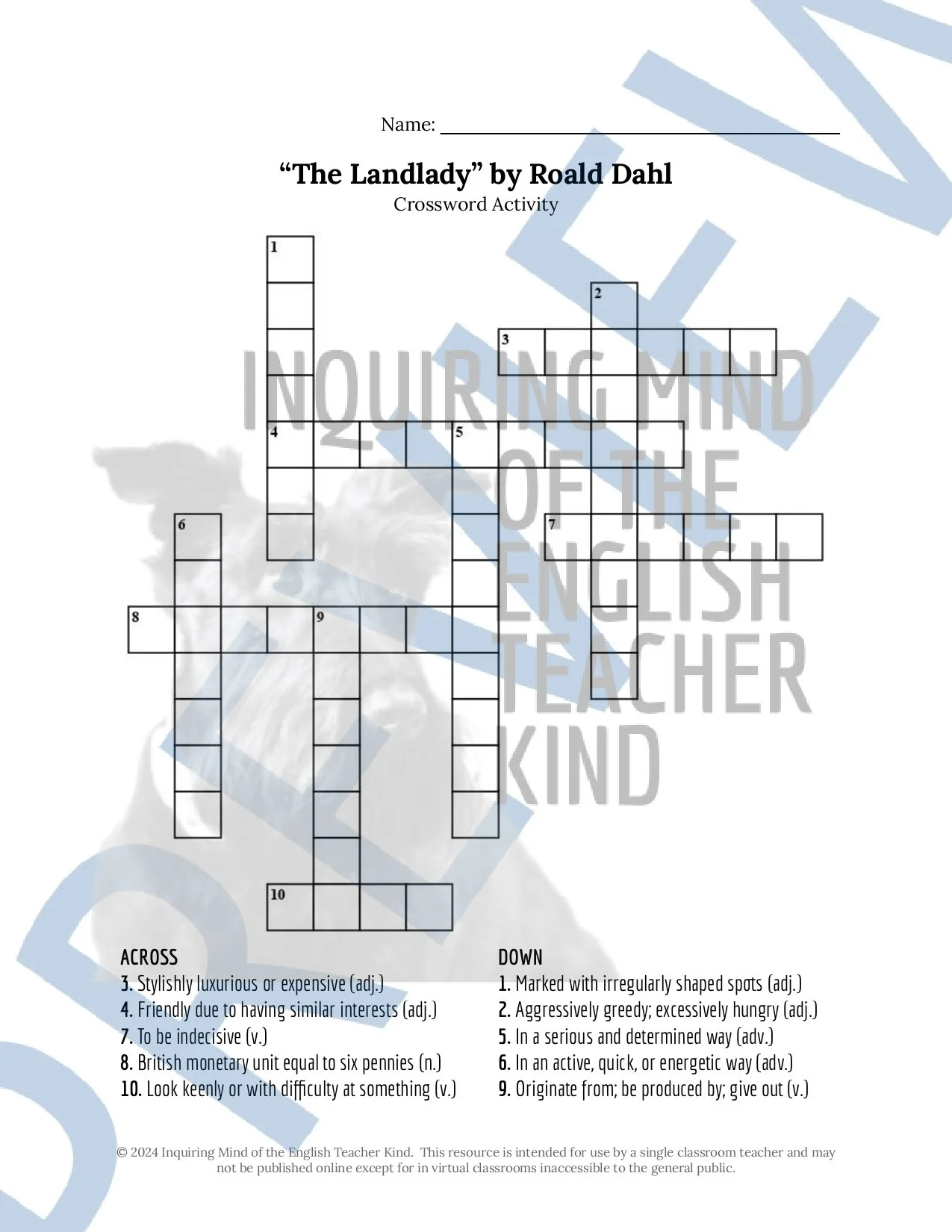 "The Landlady" by Roald Dahl Quiz, Close Reading Worksheet, and ...