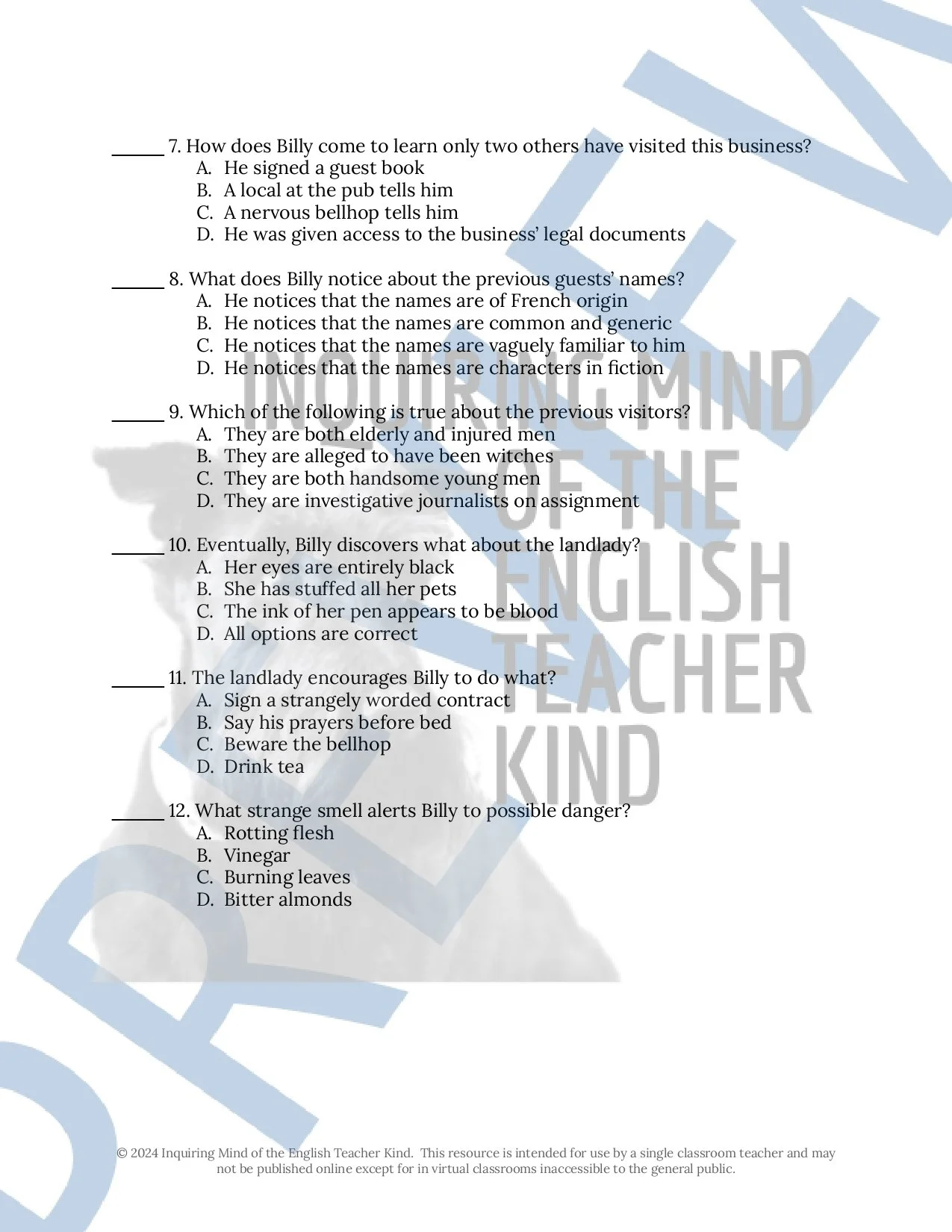 "The Landlady" by Roald Dahl Quiz, Close Reading Worksheet, and ...