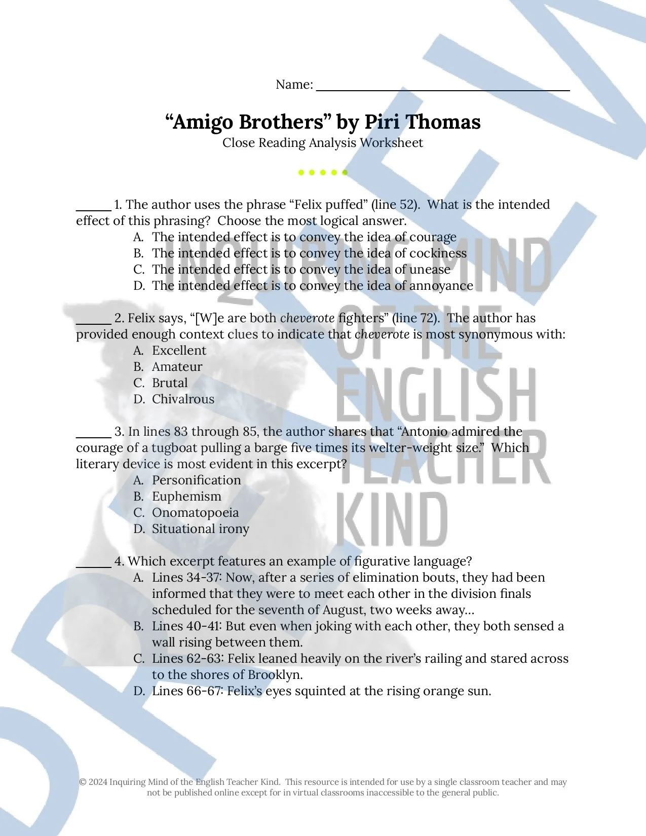 "Amigo Brothers" by Piri Thomas Quiz, Close Reading Worksheet, and ...