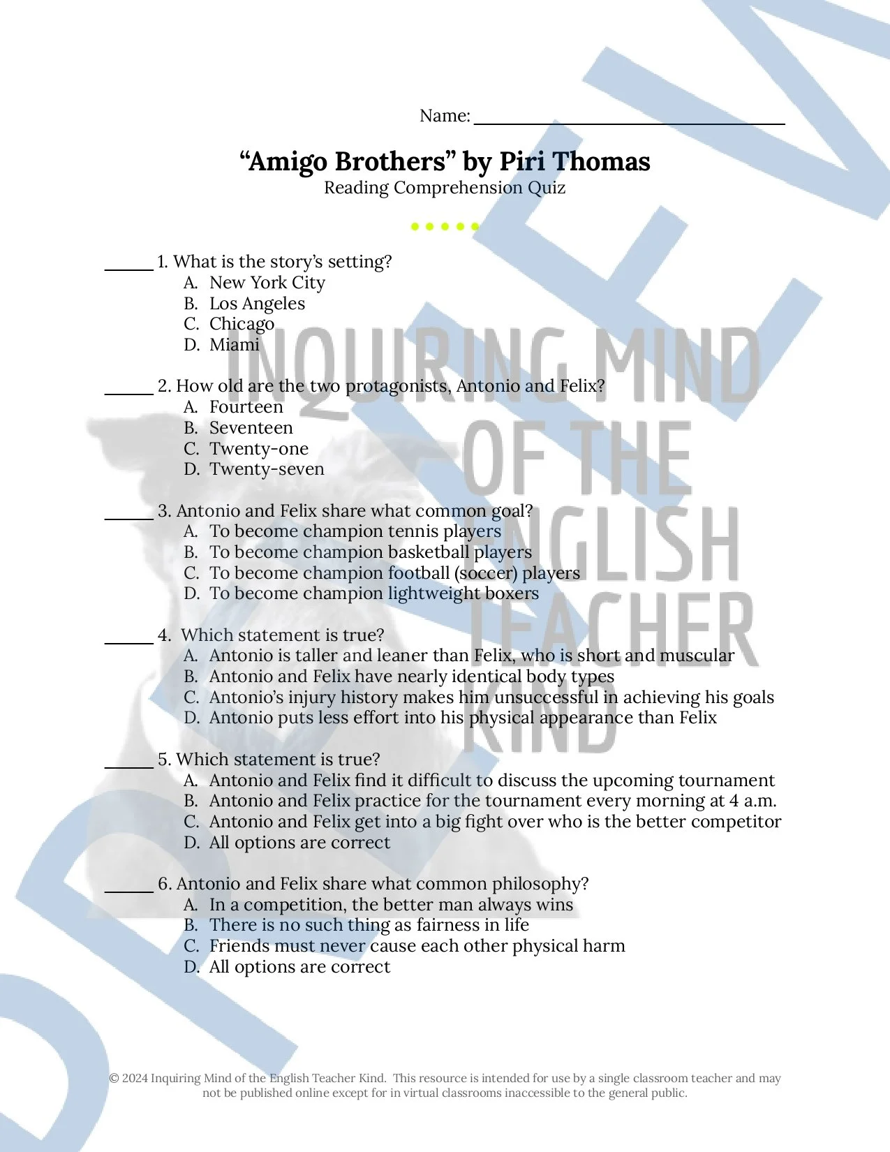 "Amigo Brothers" by Piri Thomas Quiz, Close Reading Worksheet, and ...