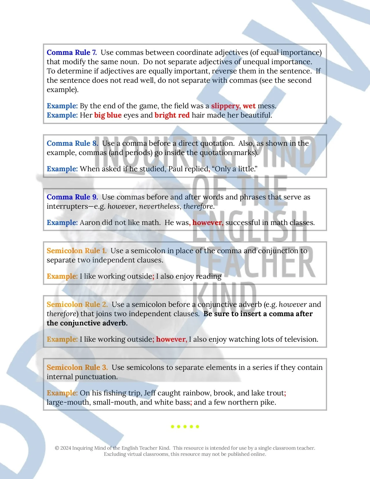 Grammar Worksheet on Commas, Semicolons, and Conjunctions with Answer ...
